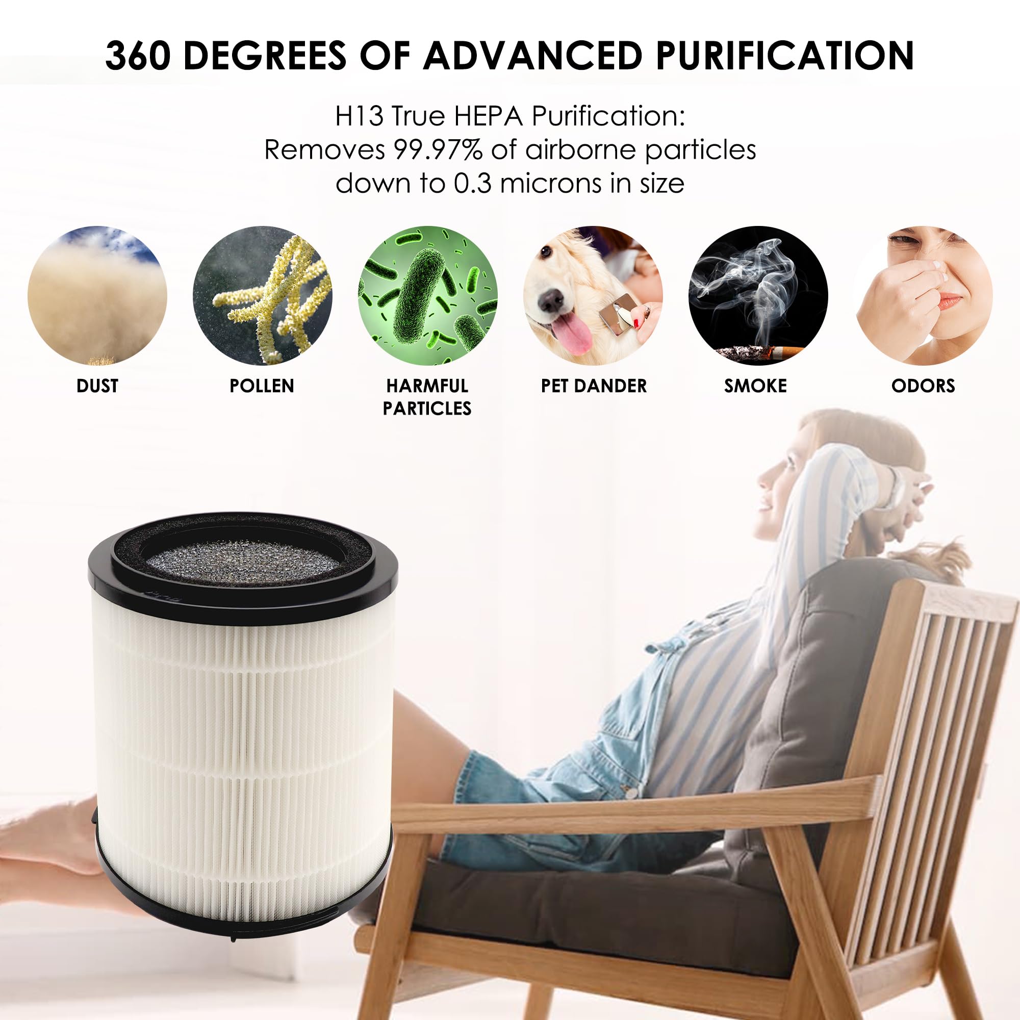 Flintar H13 True HEPA Replacement Filter, Compatible with SilverOnyx 5-Speed Air Purifier KJ150F-C02, 3-in-1 H13 Grade True HEPA filter, For Large Room 500 sq ft (2-Set)