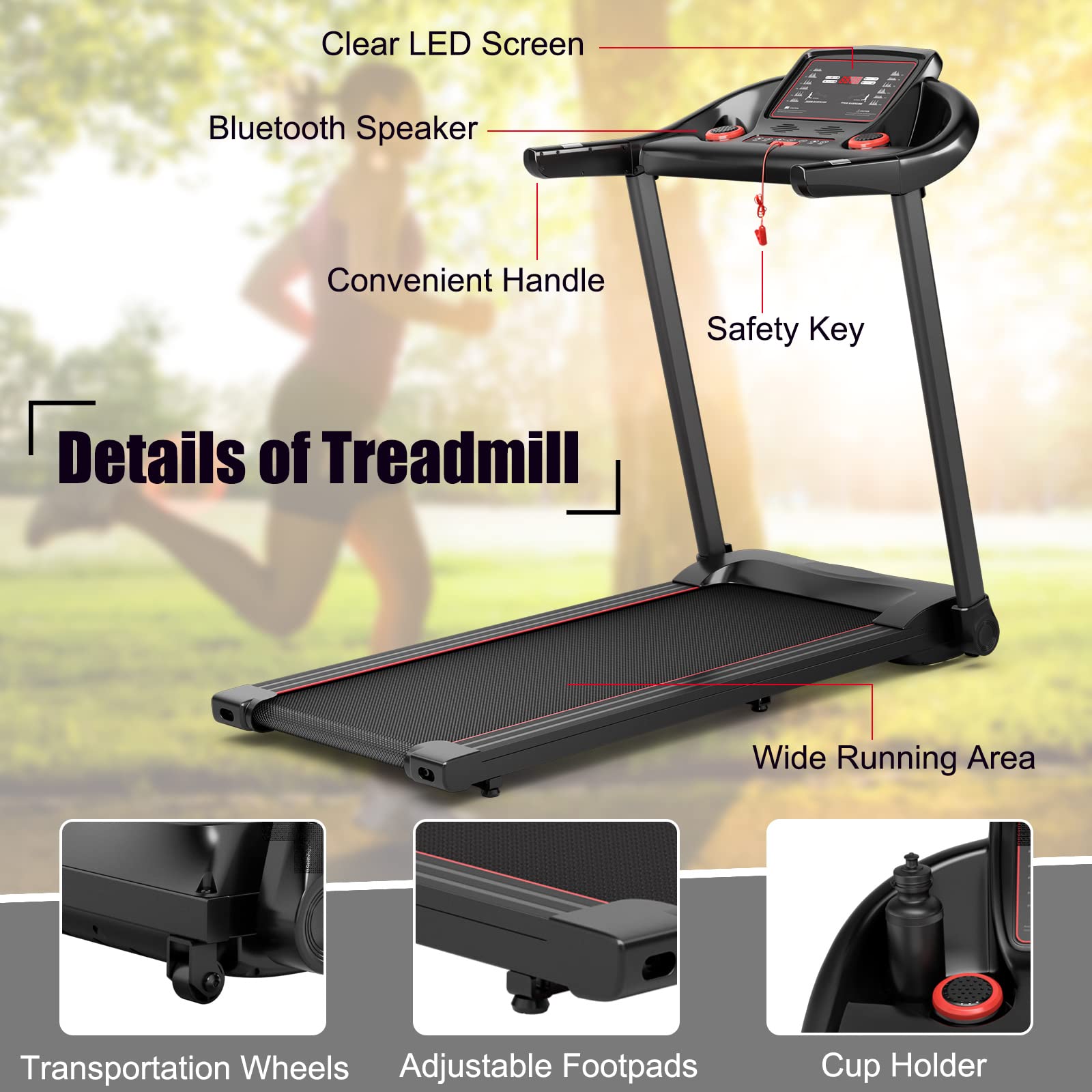 GYMAX Foldable Treadmill, 2.25HP Folding Treadmill with LED Monitor, 12 Preset Programs, APP Control, Blue Tooth Speaker & Pulse Sensor, Portable Compact Small Treadmill for Apartment/Home/Gym (Red)