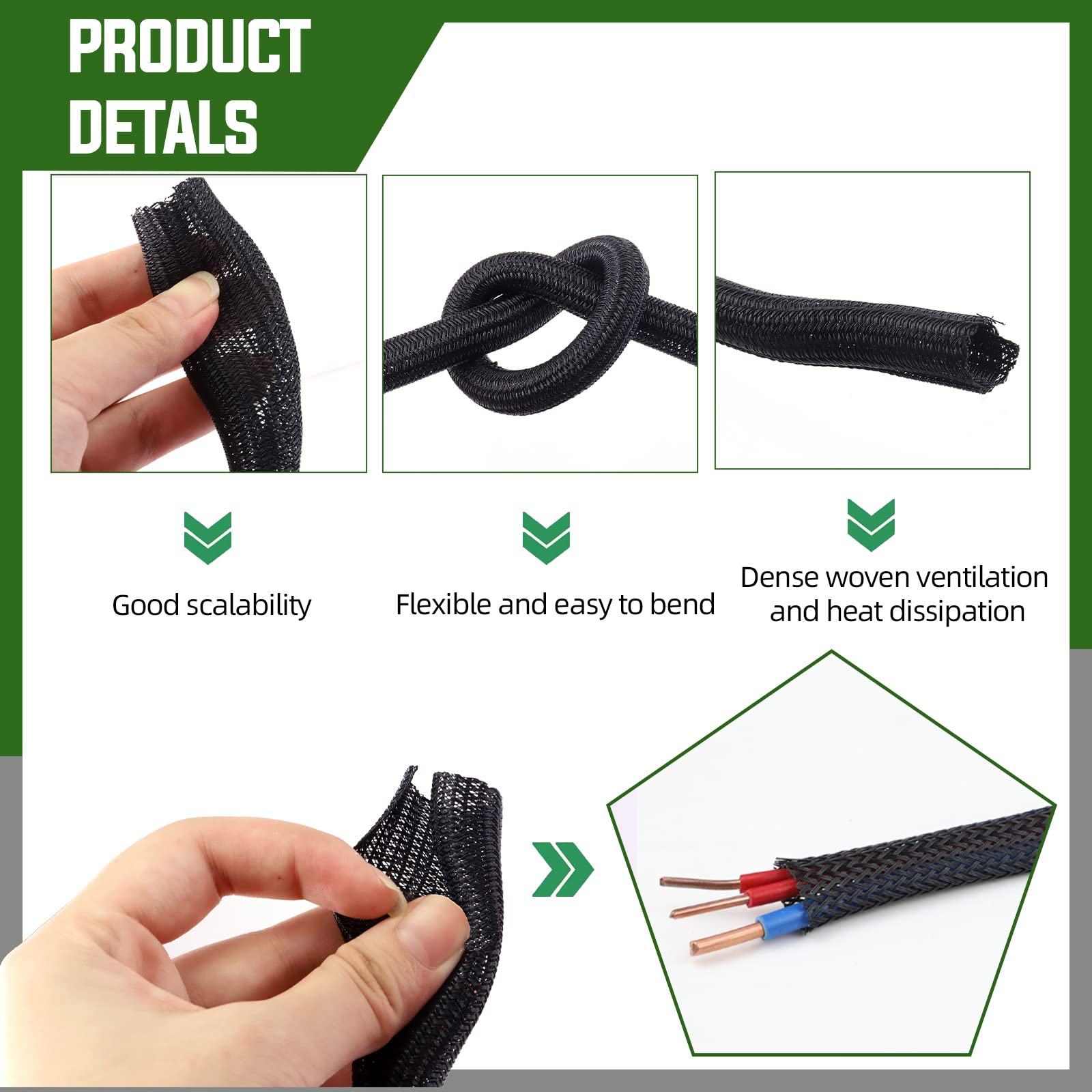 Keadic 51Pcs 1/2" 1/4" 3/4" Cable Management Wire Loom Kit Includes 16 ft Braided Cable Sleeve, Reusable Cord Ties, Heat Shrink Tube and Adhesive Nylon Zip Wire Straps for USB Audio Video
