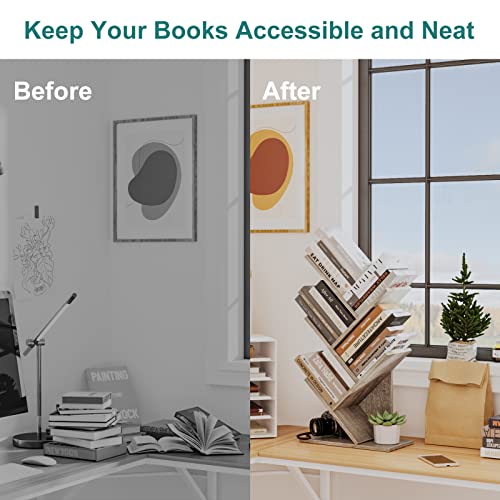 ZRWD Tree Bookshelf, 4-Tier Book Storage Organizer Shelves Floor Standing Bookcase, Wood Storage Rack for Office Home School Shelf Display for Cd/Magazine(French Oak Grey)