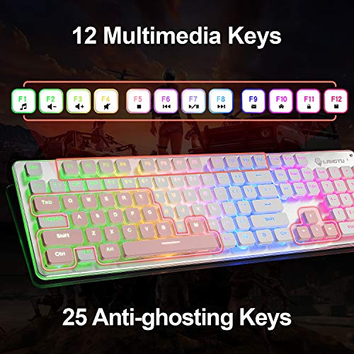LANGTU Membrane Gaming Keyboard, Rainbow LED Backlit Quiet Keyboard for Office, USB Wired All-Metal Panel 25 Keys Anti-ghosting Computer Keyboard 104 Keys - L1 White/Silverā¦