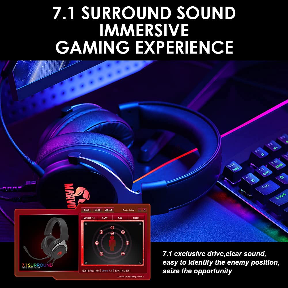 Gaming Headset, MARVO 7.1 Surround Sound PC Headset for Laptops, Phone, Pad, and Gamer, Noise Cancelling, USB + 3.5mm Jack, Memory Foam Ear Pads RGB Lights for PC, PS4, PS5, Xbox One, Switch -Black