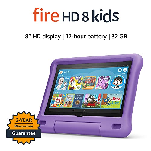 Fire HD 8 Kids tablet, 8" HD display, ages 3-7, 32 GB, includes a 1-year subscription to Amazon Kids+ content, Purple Kid-Proof Case, (2020 release)
