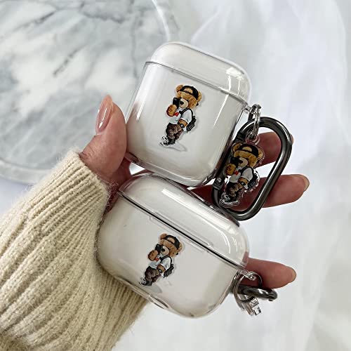 ONLYOU Compatible with Airpods Pro Case Cover with Keychain Stylish Korean Airpods Pro 2 Case Cute PC Bear Street Clear