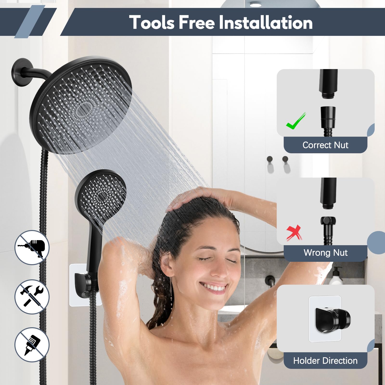 Lanhado 8.5'' Matte Black Shower With Handheld Spray, High Pressure Rainfall Head and Anti-Leak Holder, 4 Settings, Waterfall Upgrade