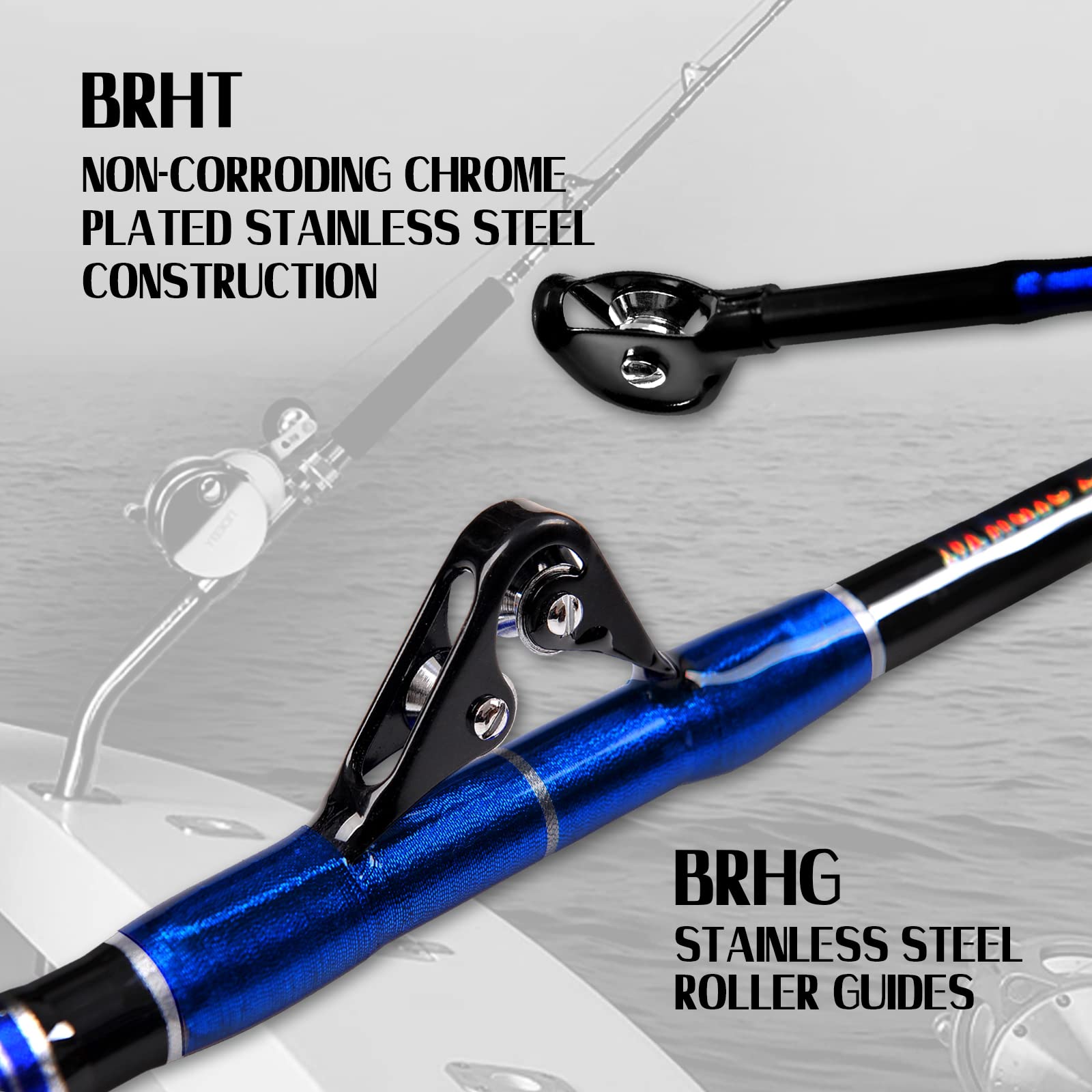 Fiblink 2-Piece Saltwater Offshore Heavy Trolling Rod Roller Rod Conventional Boat Fishing Pole with Roller Guides (50-80lb, 5-Feet 6-Inch)