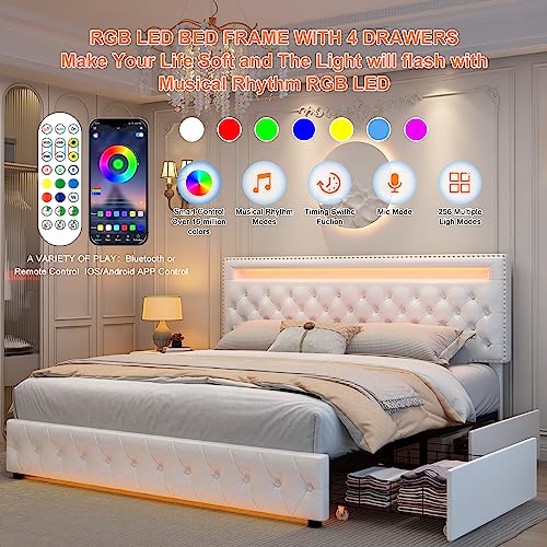 Queen Led Bed Frame with 4 Storage Drawers, with Smart Control RGBW LED Lights Headboard Footboard, Control DIY Color, Box Spring Optional, PU White