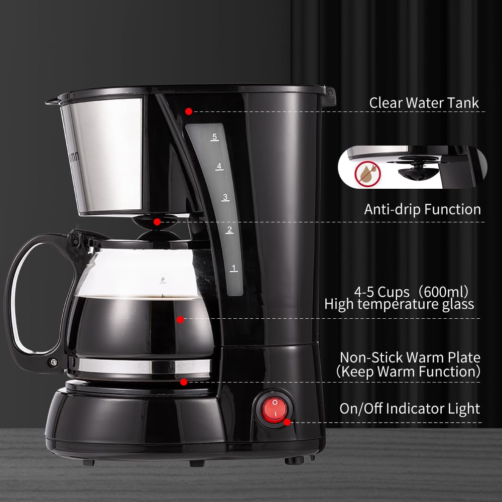 Nehilumn 4 Cup Drip Coffee Maker, Coffee Pot Machine Permanent Coffee Filter, Small Coffee Maker,20Oz Electric Coffee Maker,650W Black and Stainless Steel