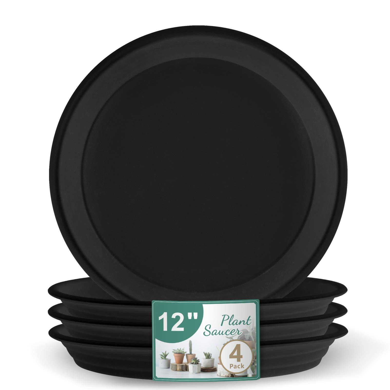 JOYSEUS Plant Saucer - 12 inch - 4 Pack Durable Plastic Plant Tray for Plant Pots, Thick Plant Saucer for Outdoor & Indoor Plants