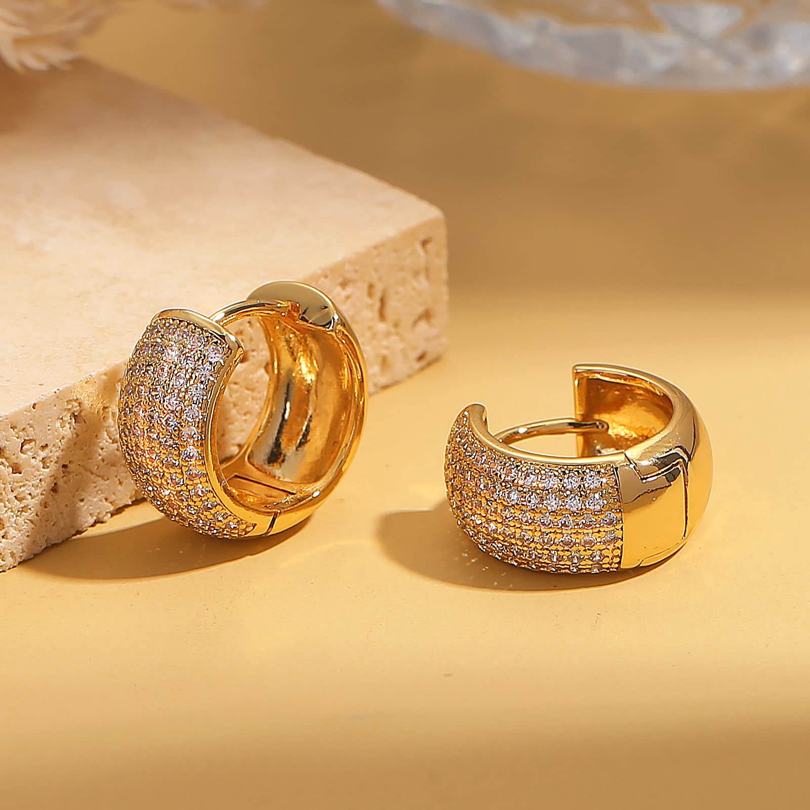 Gold Plated Hoop Bling Earrings For Women,Small Dainty Huggie Hypoallergenic Earrings With Cubic Zircon