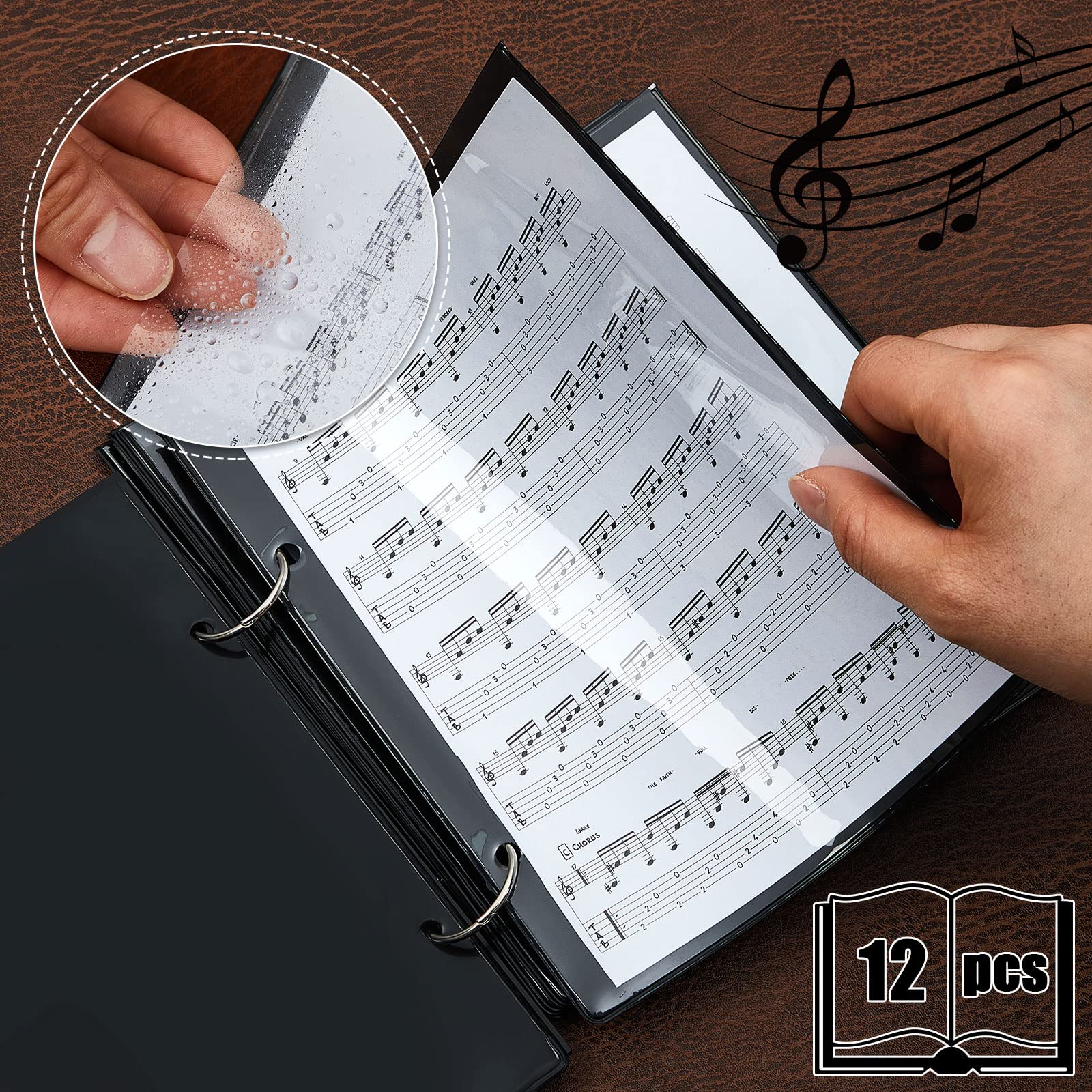 Flip Folio Folder, 12 Pcs Black Flip Folio and Trumpet Lyre Set Flip Folder Music Files Holder PVC Waterproof Window Pages Lightweight Instrument Lyre Marching Band Lyre and Flip Folder