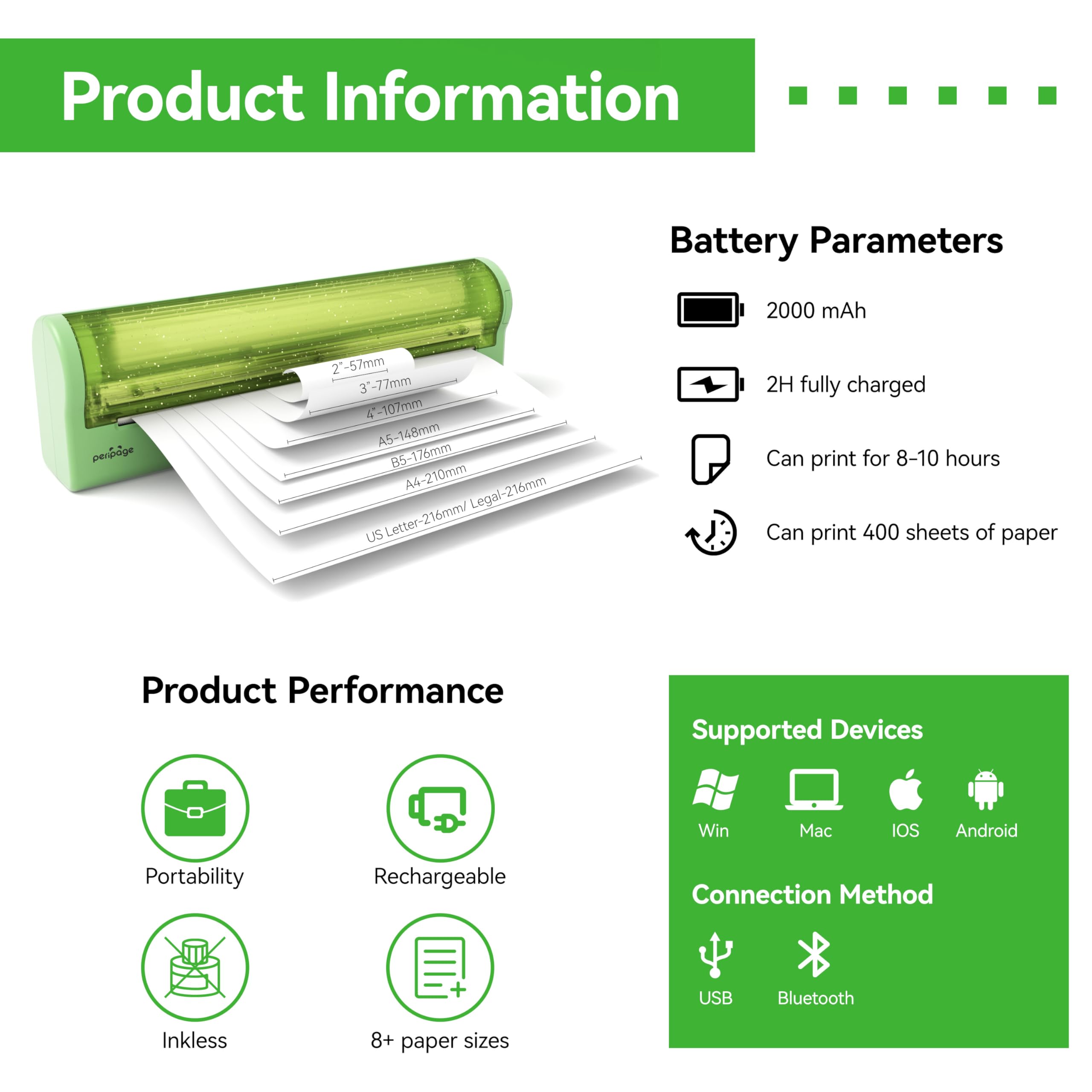 PeriPage P80 Portable Printer,Thermal Wireless Bluetooth Printer Support 8.5" X 11" US Letter & Legal,A4 Thermal Paper, Inkless Printer Compatible with iOS, Android Phone,Laptops (Green 203dpi)