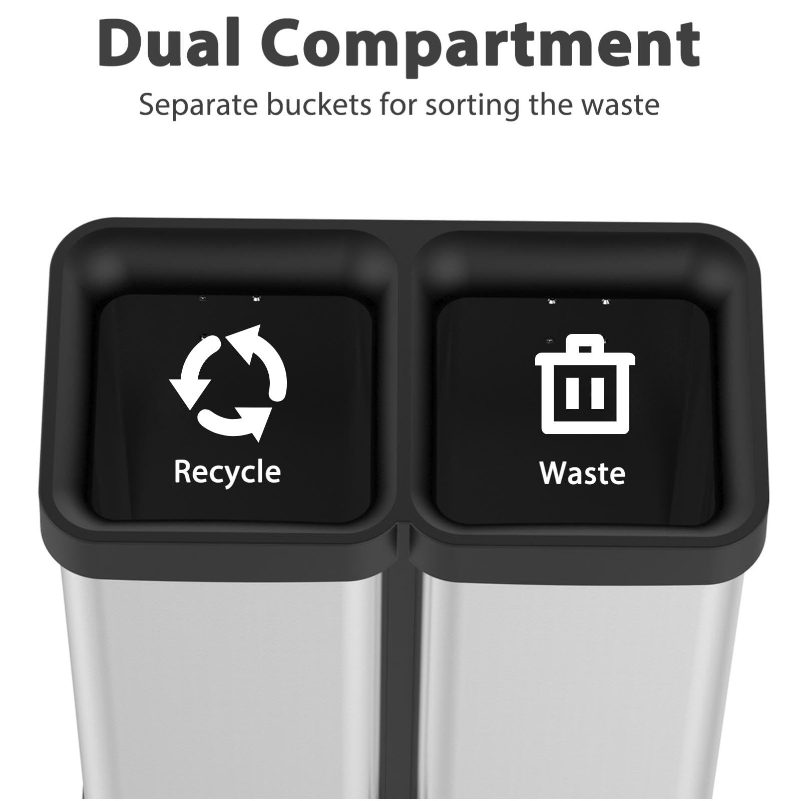 WELYFE 16 Gallon Trash Can, Dual Waste Bins, Soft Close Open Top Garbage Can, 2 x 30L, for Home, Office, Business