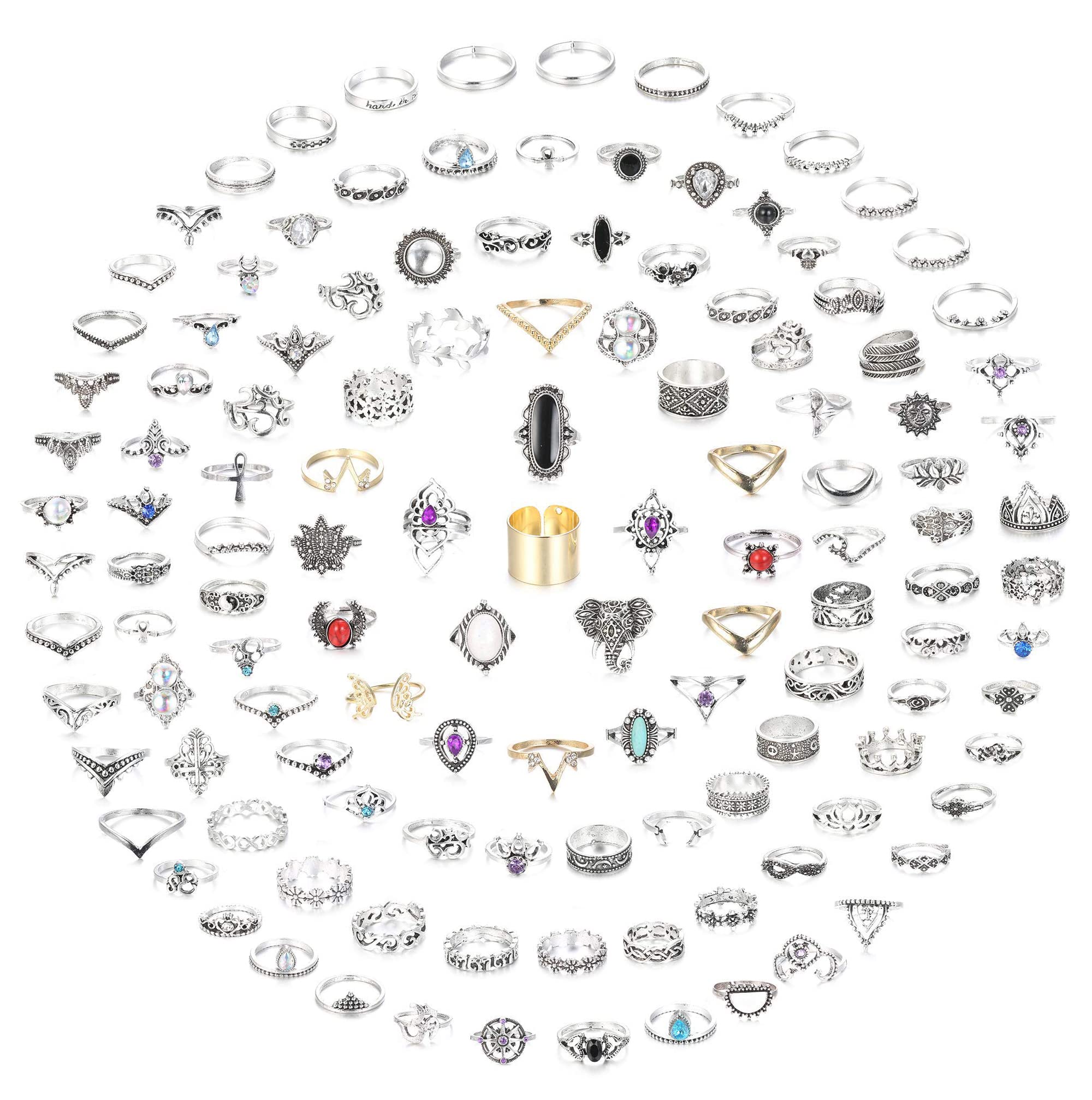 FIBO STEEL 118 Pcs Knuckle Rings Set Vintage Hollow Rings Stackable Finger Rings for Women