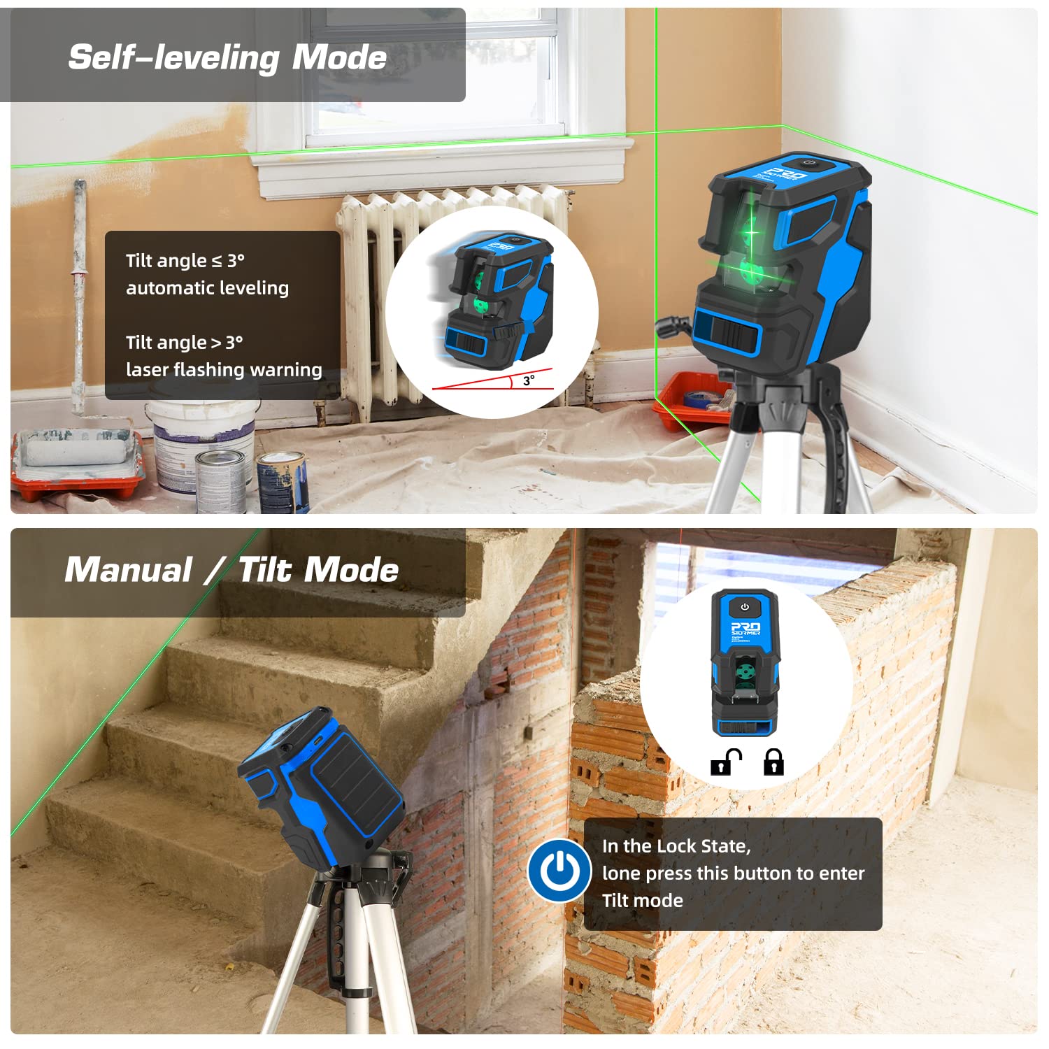Laser Level Self-Leveling, Prostormer Horizontal and Vertical Cross Line Level Kit with Rechargeable Battery, Adjustable Magnetic Stand and Storage Bag for Picture Hanging, Tiling and Construction
