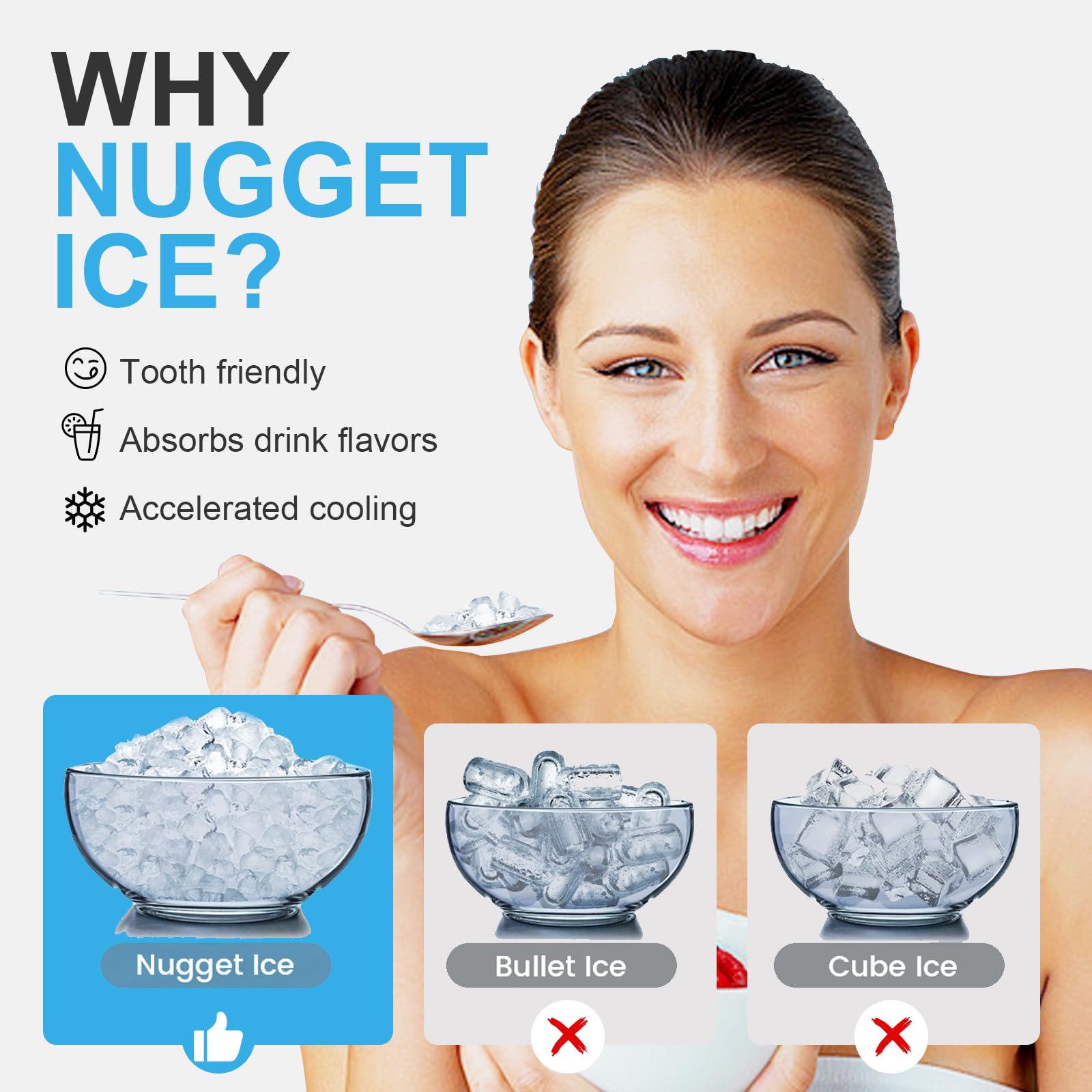 Personal Chiller Soft Nugget Countertop Ice Maker, 50lbs in 24H, Self-Cleaning Chewable Pellet Ice Machine for Kitchen, Office Stainless Steel Silver