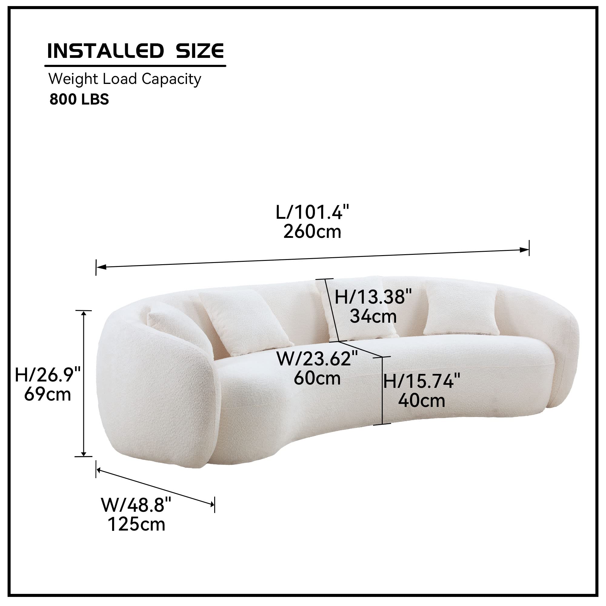SSC SATITUNCASA 102β Luxury Modern Boucle Curved Sofa Couch, Minimalist Style Comfy Sofa Couch for Living Room, Apartment, Home Office, 3 Seater Curved White Sofa(White 102)
