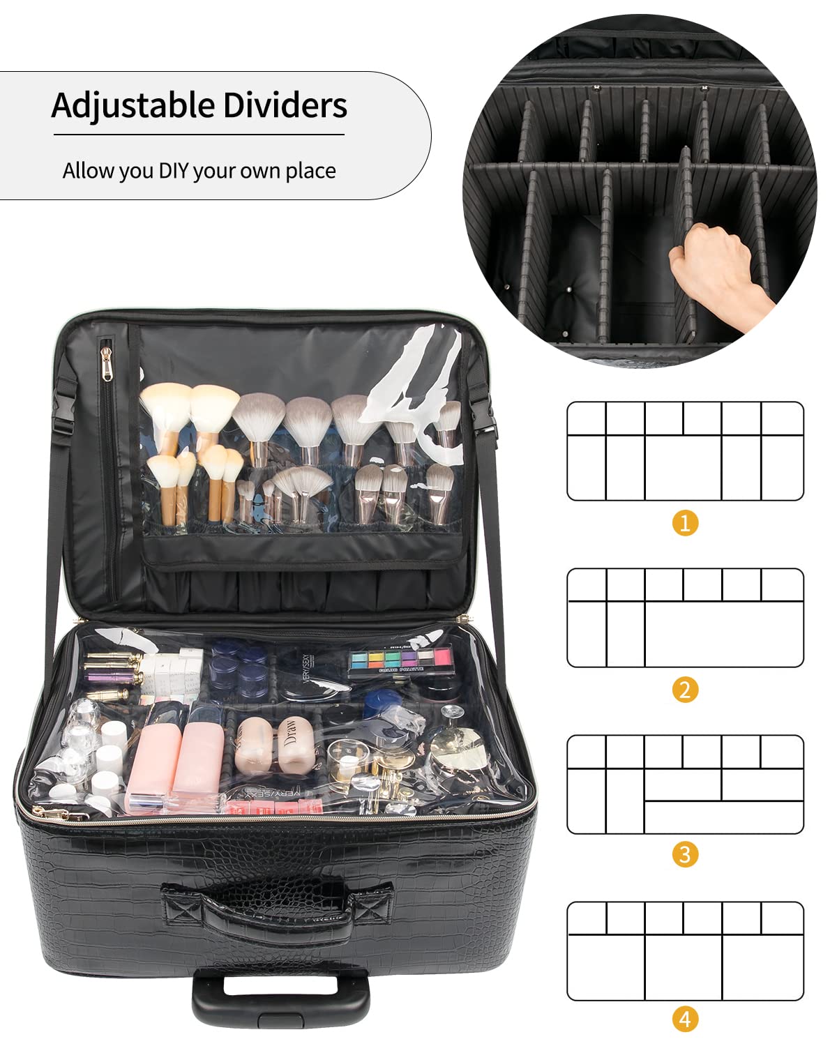 OCHEAL Extra Large Makeup Case, 20" Carry On Makeup Train Case for Makeup Artist, Travel Cosmetic Case Organizer Bag Rolling Trolley Storage Box with Two Sets Adjustable Dividers 360 Degree Wheels
