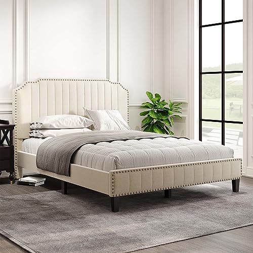 Queen Size Linen Upholstered Platform Bed Frame with Soft Nailhead Headboard and Wooden Slats Support, No Box Spring Needed for Boys Girls Teens Adults, Noise-Free, Under Bed Storage (Queen)