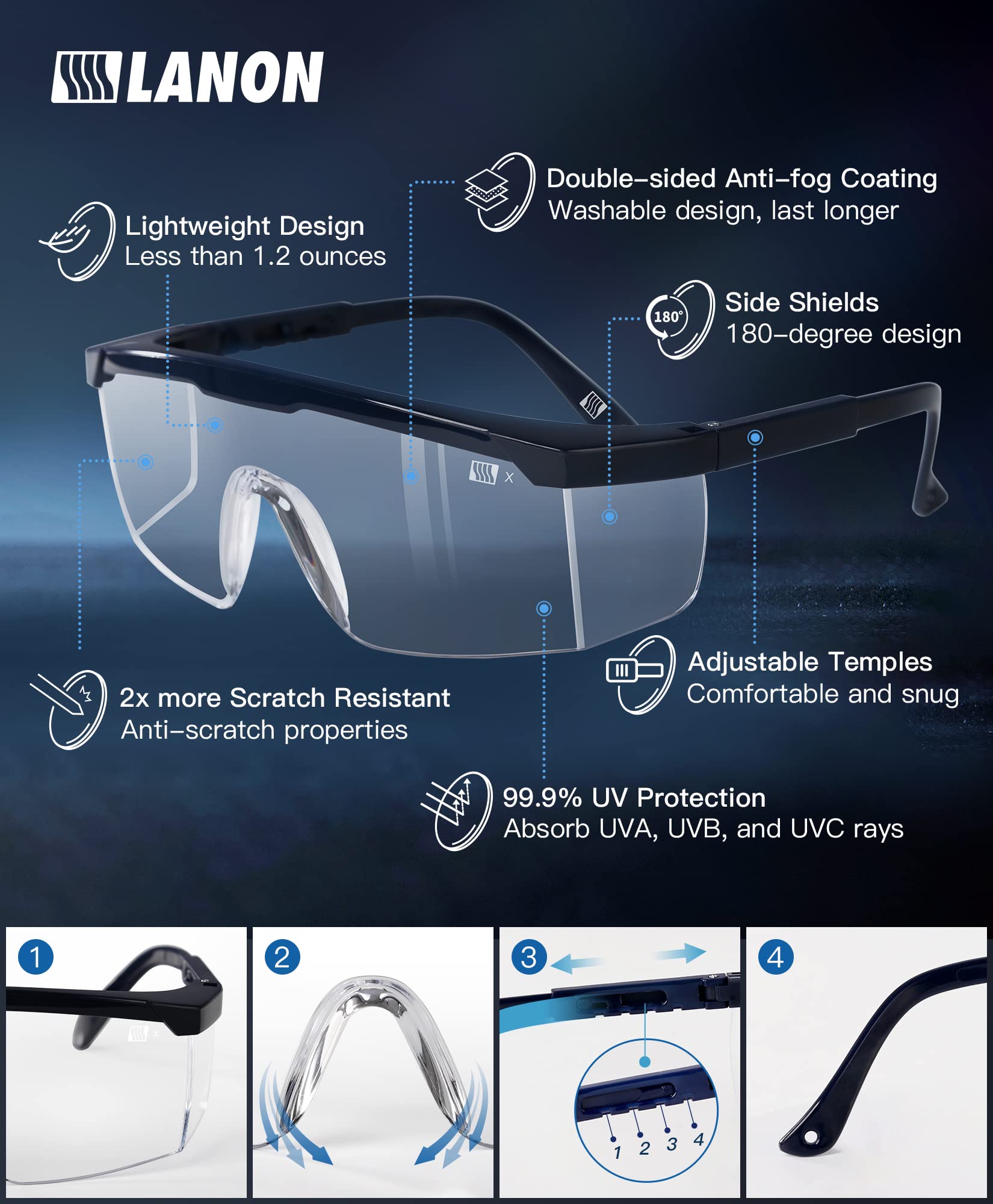 LANON 3 Pack Anti-Fog Safety Goggles with Ajustable Temples, 2.5 Times ANSI Z87.1 Double-sided Antifog, Side Protection, High Transmission, Lightweight