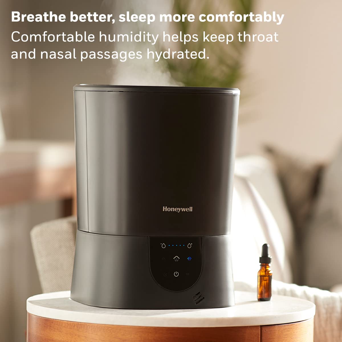 Honeywell Easy-to-Care Filter Free Warm Mist Humidifier, Medium Rooms, 1.5 Gallon Tank β Humidistat for Bedroom, Home or Office Black