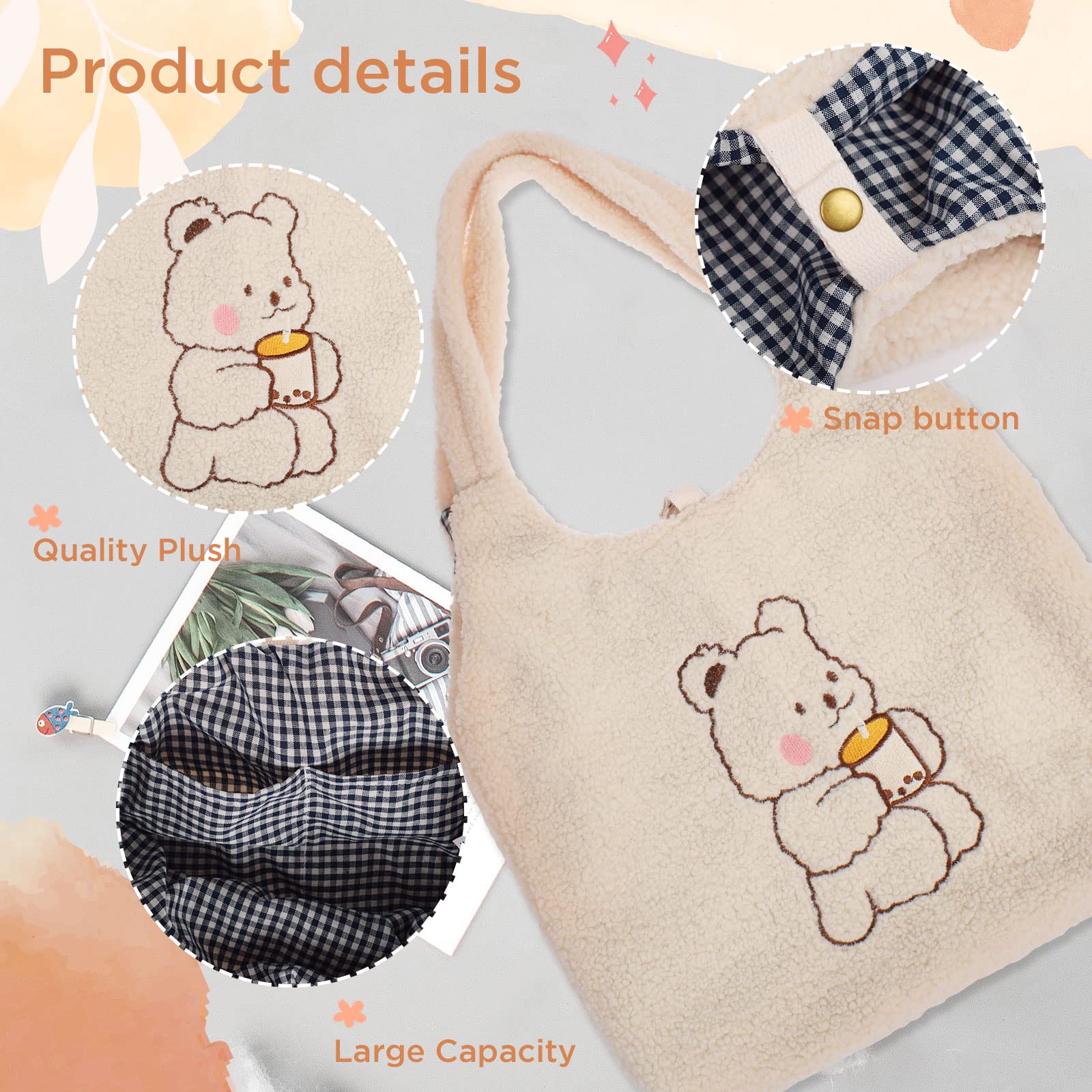 FVVMEED Women Canvas Tote Purse Lamb Like Fabric Shoulder Bag Simple Cute Bear Crossbody Handbag (B)