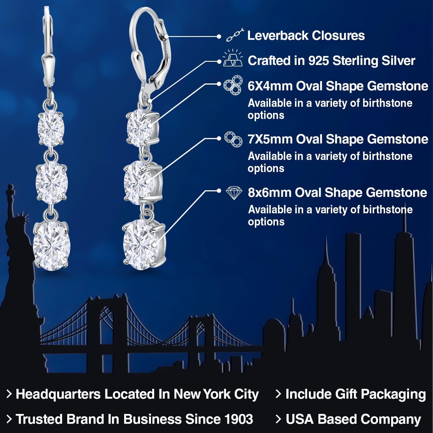 Gem Stone King 925 Sterling Silver Gemstone Birthstone 3-Stone Drop Dangle Earrings | Oval 8X6MM 7X5MM and 6X4MM | Three Stone Leverback Earrings For Women