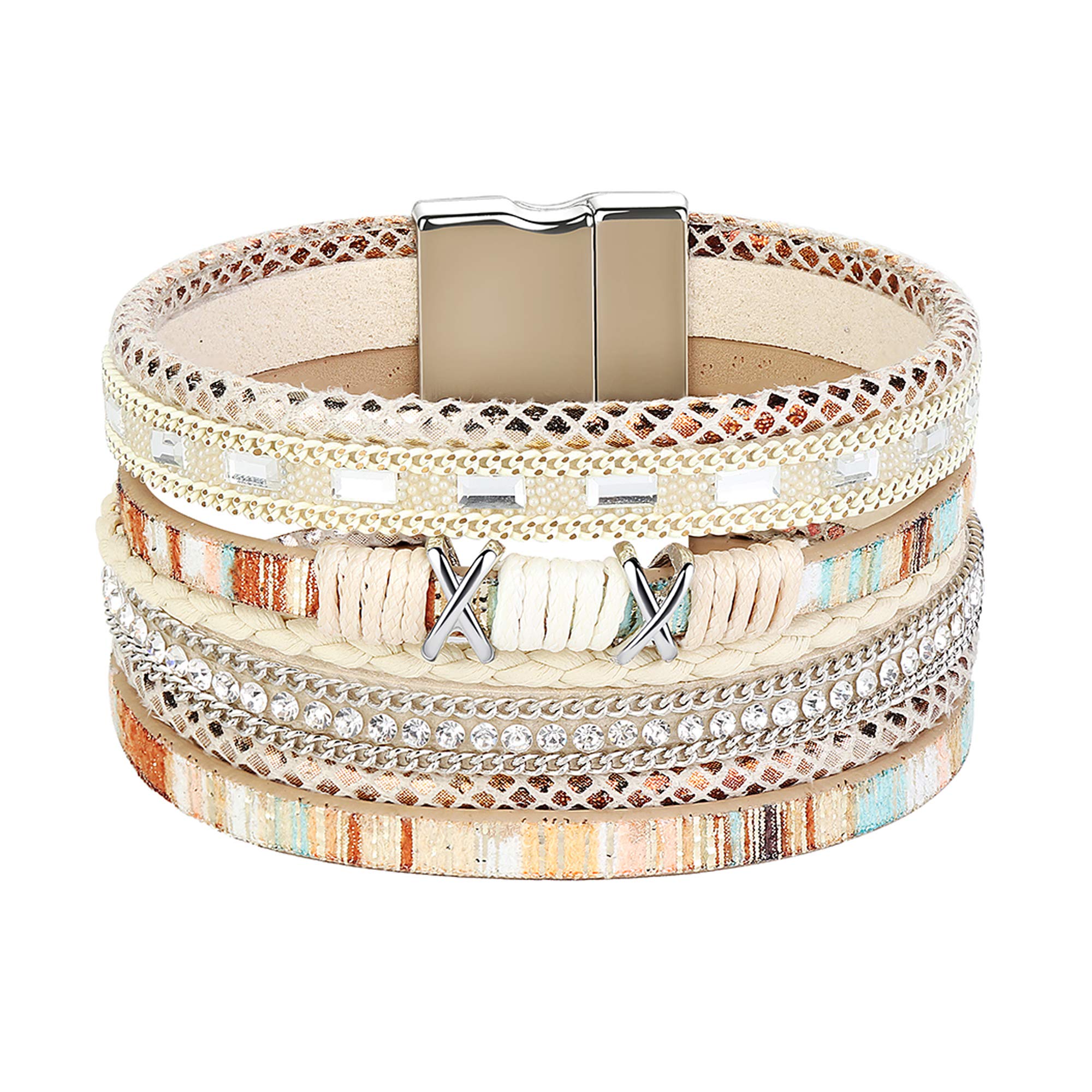 FIBO STEEL Leather Cuff Bracelet, Boho Wrap Bangle for Women, Handmade Multi-Layer Cuff, Braided Rope, D Color