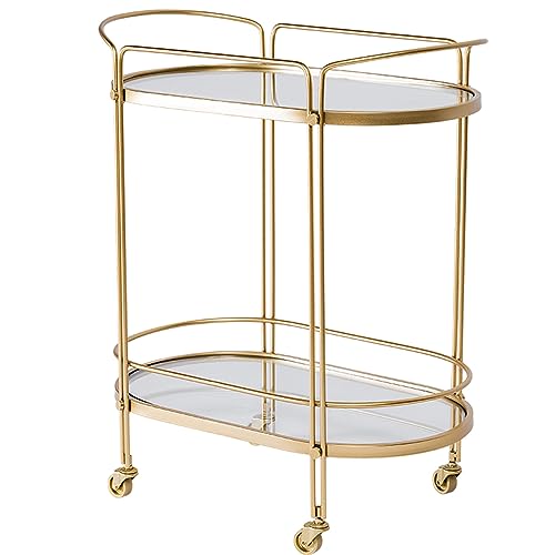 VLOBAOM Modern Rolling Serving Bar Cart, 2-Tier Oval Home Coffee Table Trolley, Kitchen Storage Shelf with Wheels for Living Room, Dining Room, Bathroom,25''Dx14''Wx29''H,Gold