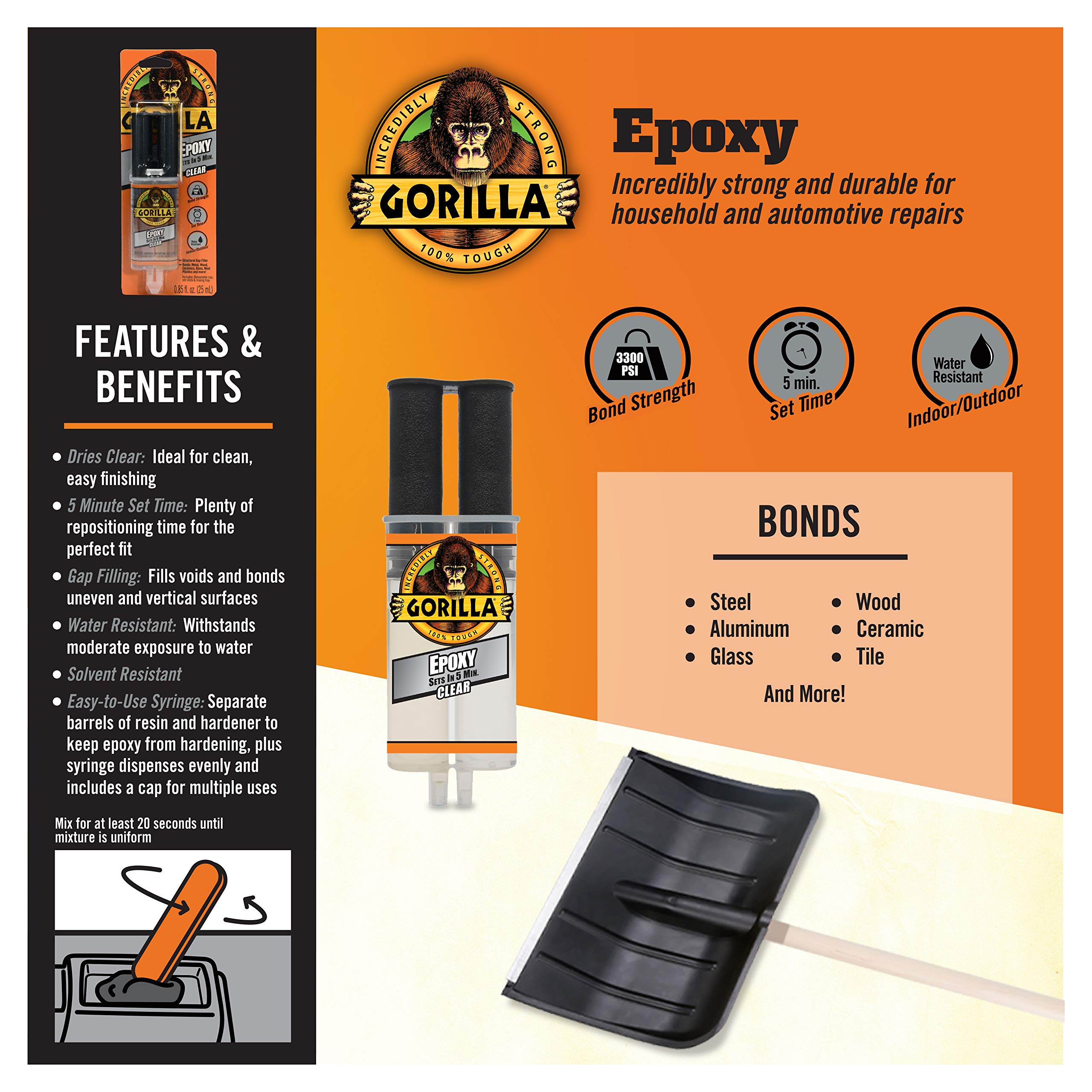 Gorilla 2 Part Epoxy, 5 Minute Set, .85 ounce Syringe, Clear, (Pack of 12)