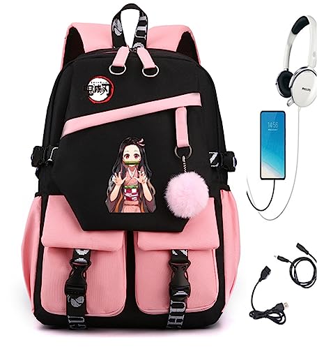 SPIRTUDE Anime backpack Nezuko Backpack Laptop Backpacks with USB Charging Port Travel Bag Daypack Cosplay Backpack (Pink)