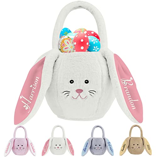 Personalized Bunny Easter Basket for Boys Girls Kids Custom Easter Baskets with Name Handle Plush Egg Hunt Bags Customized Buckets Easter Gifts