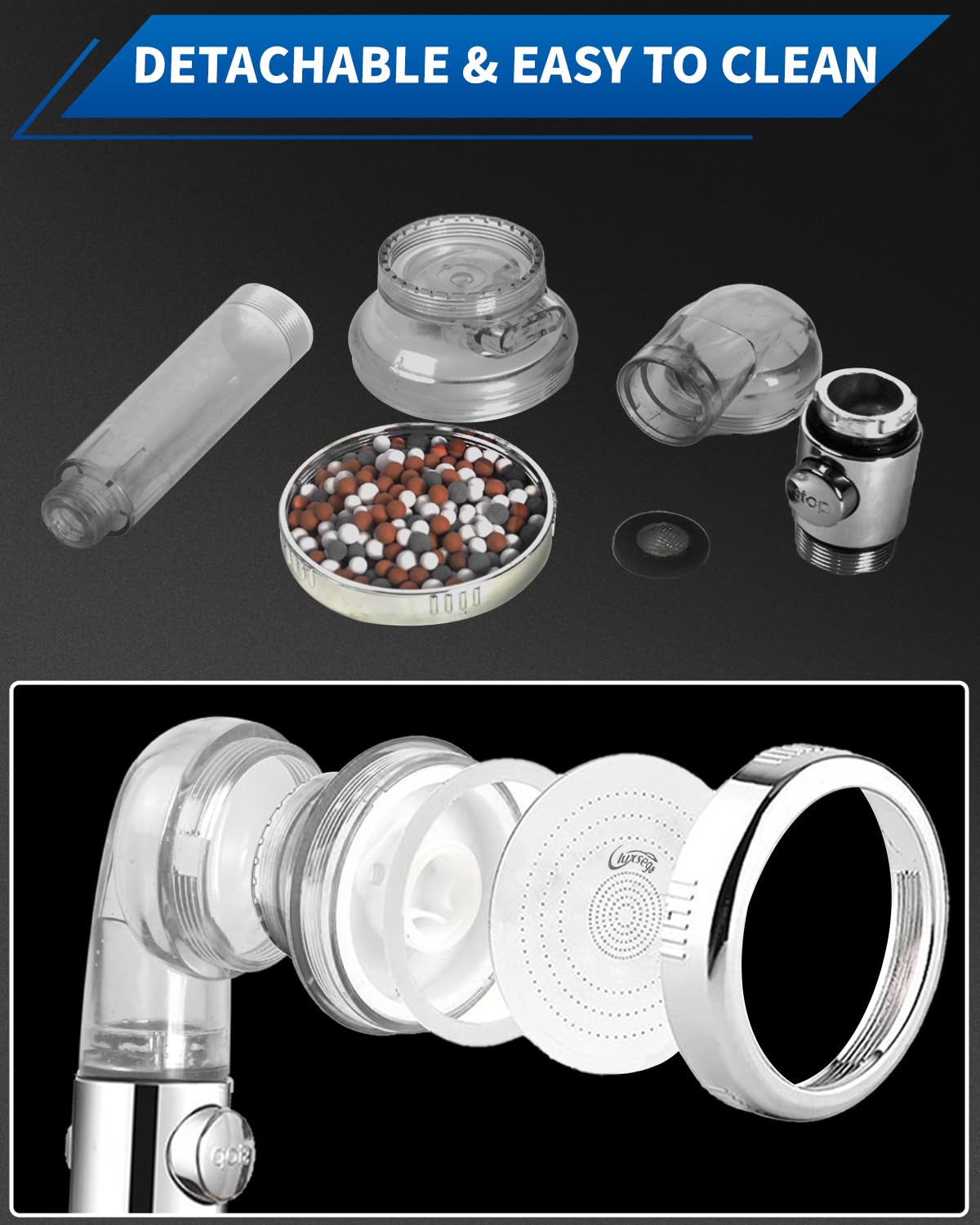 Luxsego 4-Mode Filtered Shower Head with Stop, High Pressure Spray to Clean Hard Water, Chlorine & Fluoride
