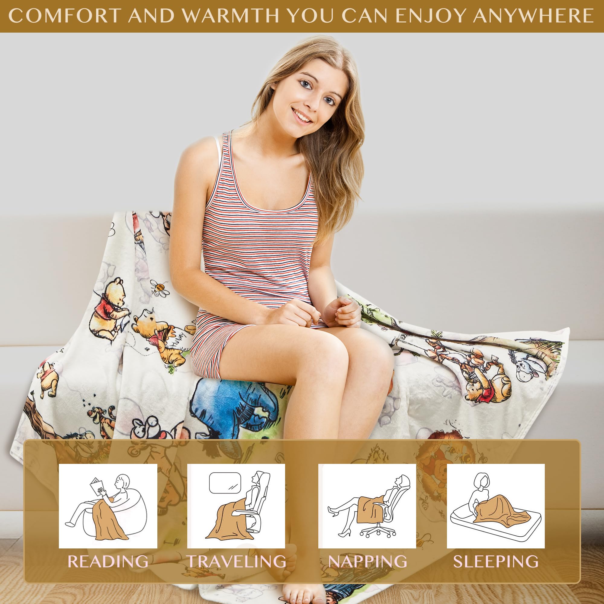 Pooh Bear Throw Blanket for Couch,Soft and Cozy Lightweight Plush Bed Blankets for Women,Fall Bear Theme Blanket Decor for Sofa Chair All Season Use,Thin Warm Blanket 50"x60"