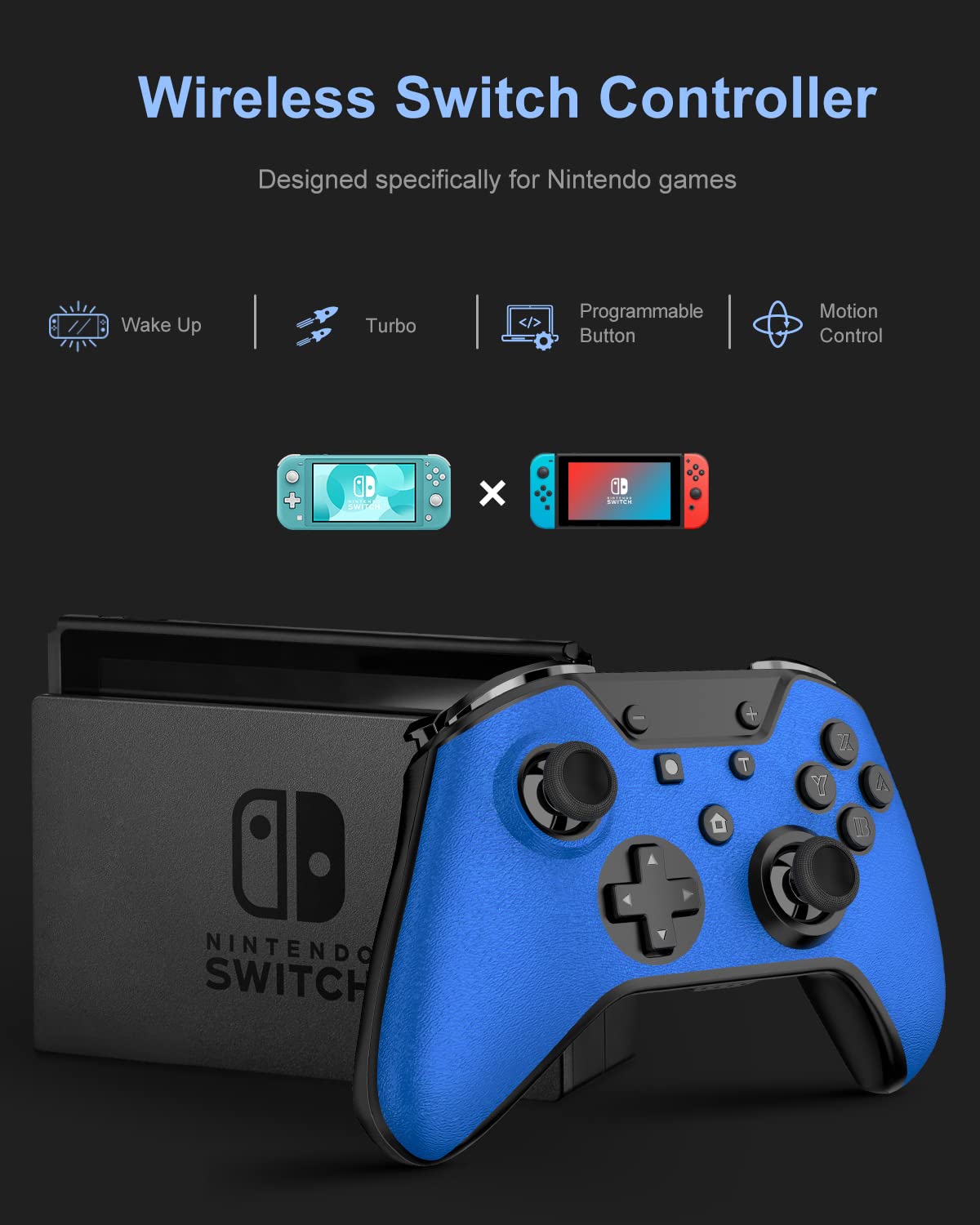 ISENPENK Switch Controller, Wireless Pro Controller for Switch/Switch Lite/Switch OLED, Switch Remote Gamepad with Joystick Adjustable Turbo Vibration Ergonomic Non-Slip for Kids - Blue