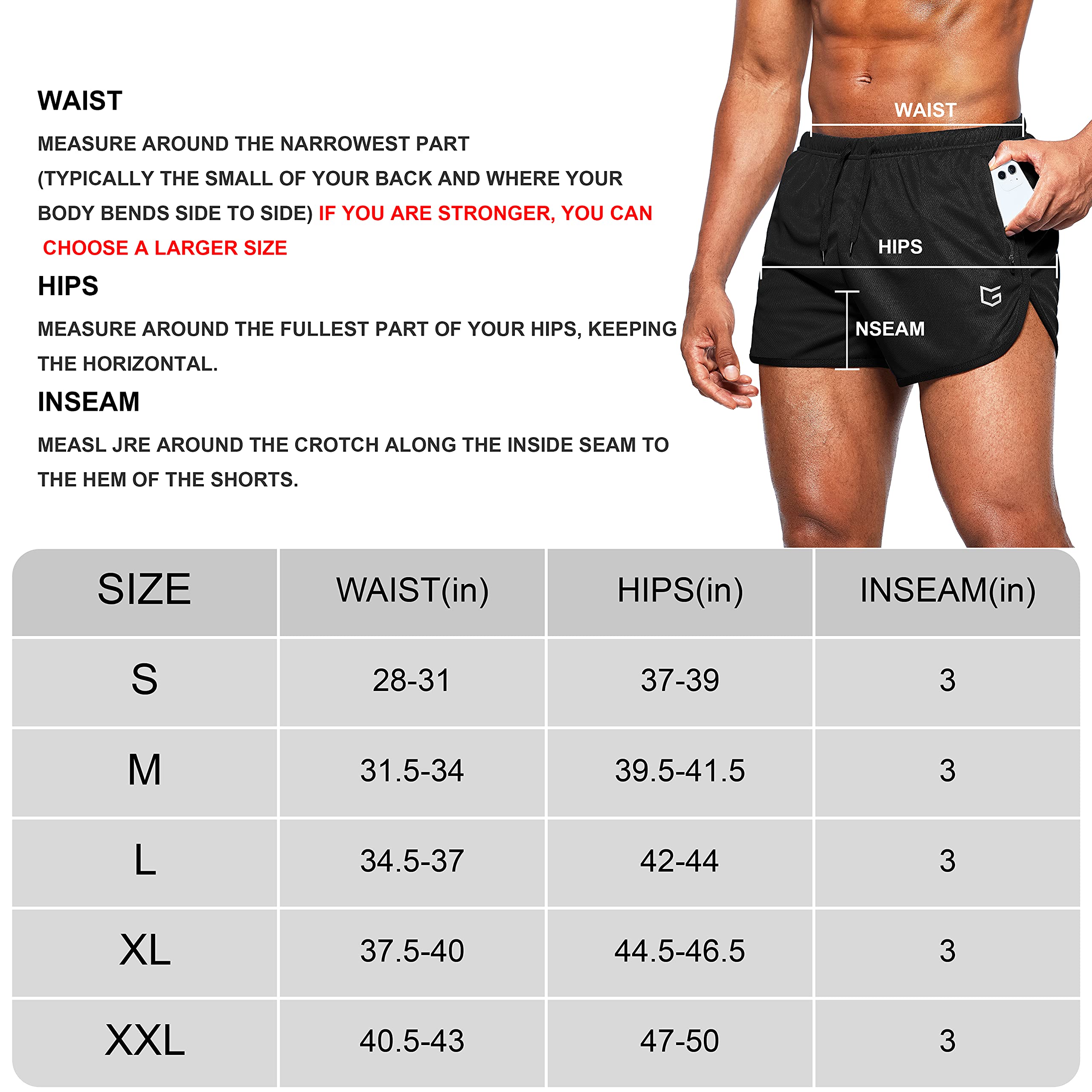 G Gradual Men's Running Shorts 3 Inch Quick Dry Gym Athletic Jogging Shorts with Zipper Pockets (Black, Medium)