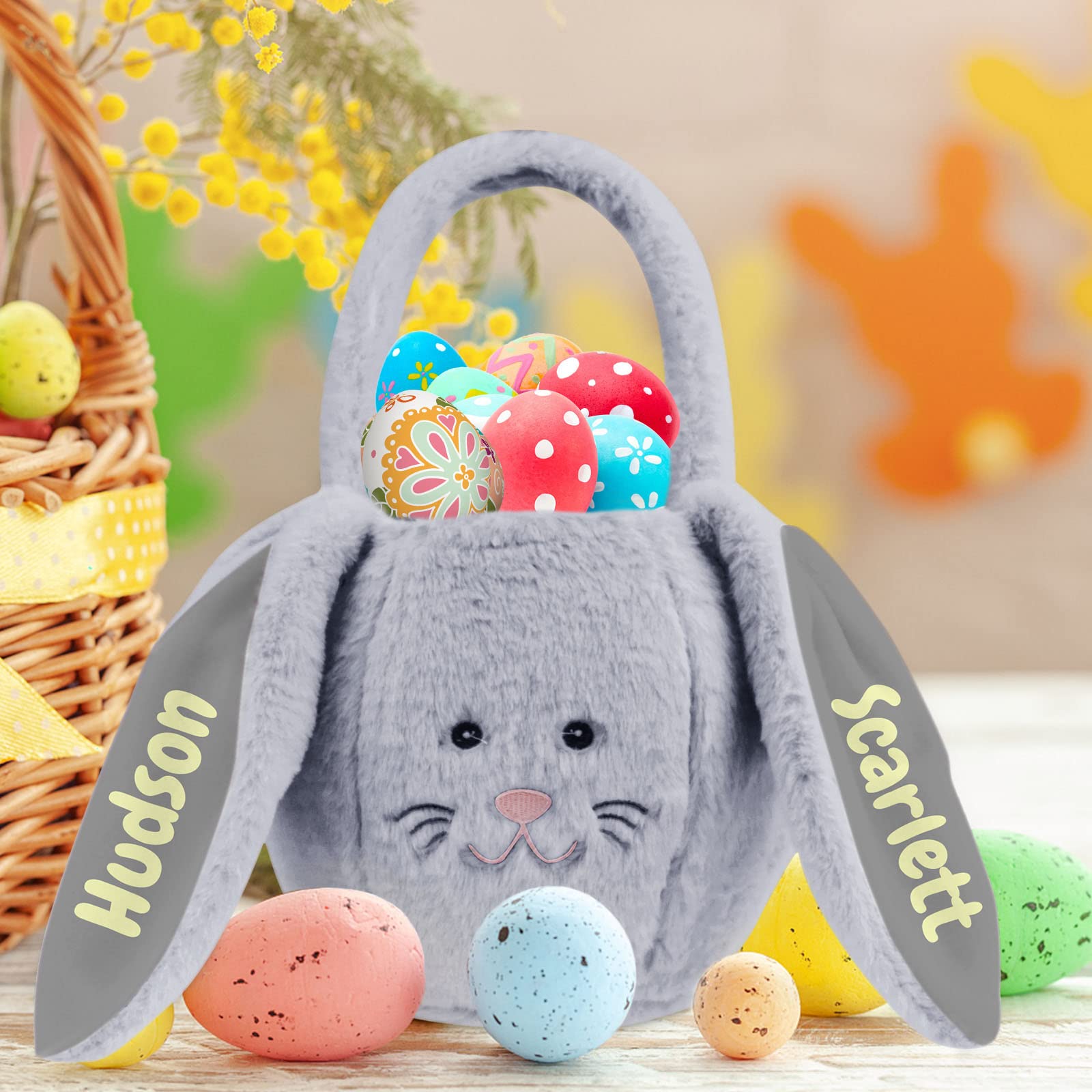 Personalized Easter Basket with Name Custom Plush Easter Buny Baskets Long Ear Bags for Boys Girls Kids Eggs Candy Gifts