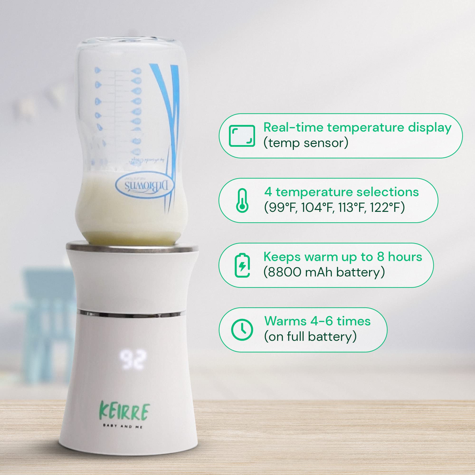 Keirre Bottle Warmer, Fast Heating Portable with 4 Adapters, Rechargeable Travel with Smart Temperature Control, Cordless for Breastmilk or Formula