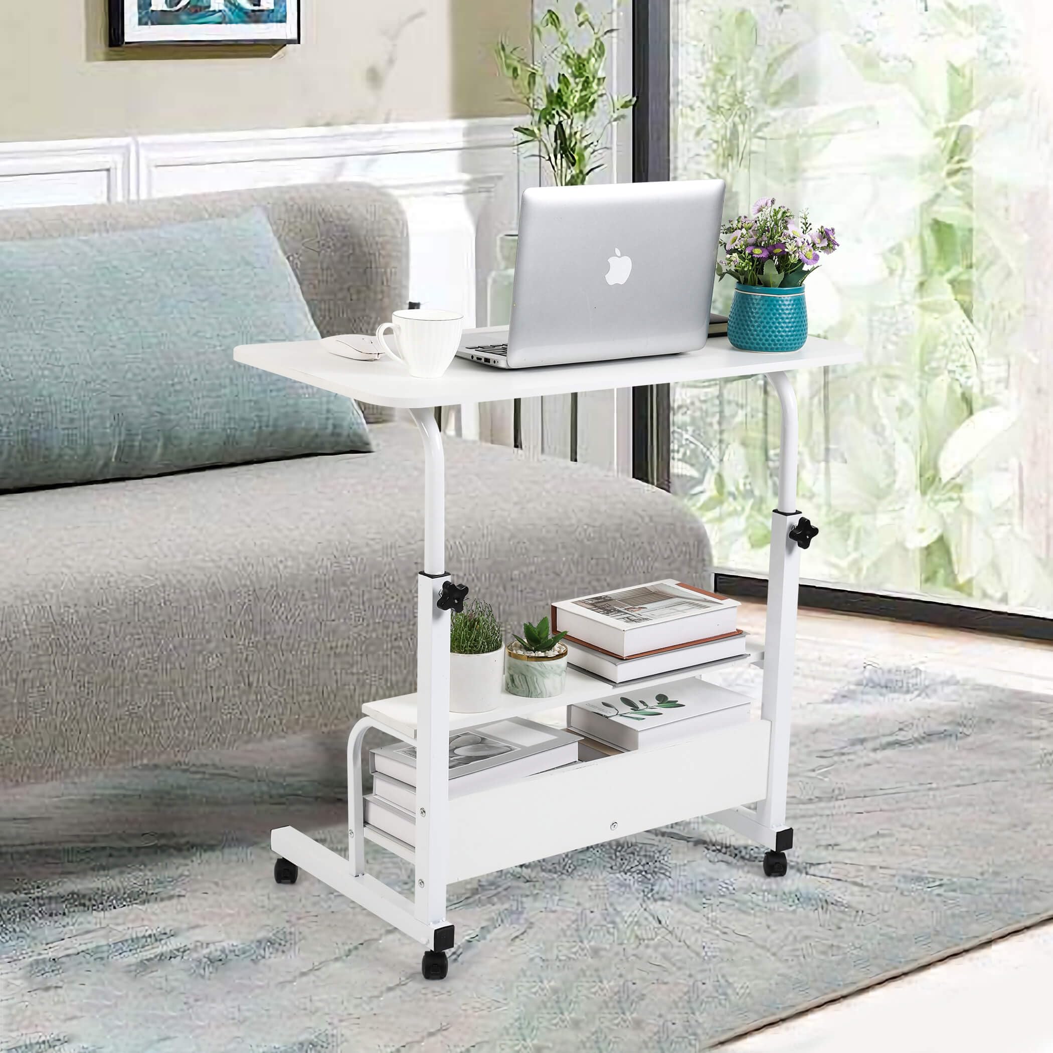 Raathionty Adjustable Home Office Desk Portable Study Computer Rolling Desk for Small Spaces Movable Sofa Side Table on Wheels Student Small Laptop Desk with Storage White Size 31x16 Inch