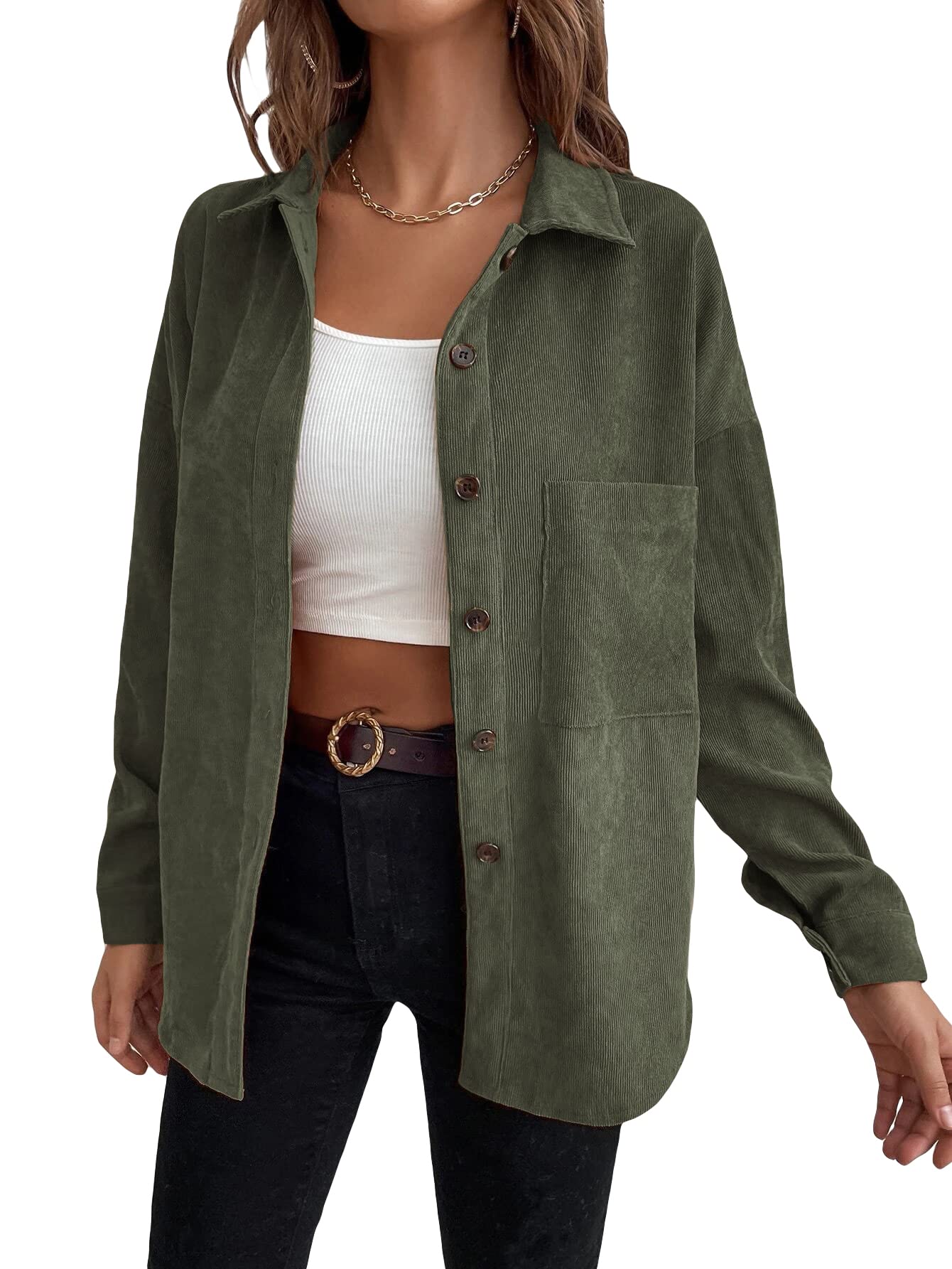 Floerns Women's Casual Long Sleeve Button Down Corduroy Shirt Blouse Top Army Green