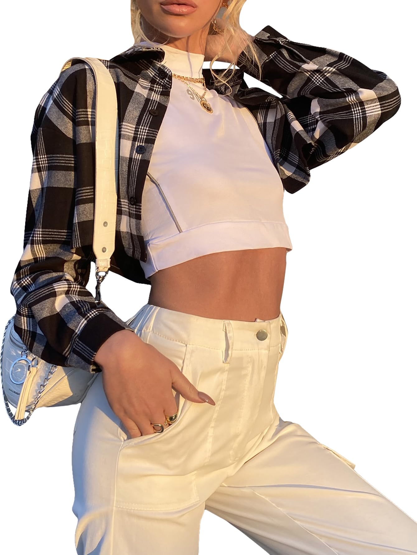 Floerns Women's Long Sleeve Collar Button Down Plaid Crop Top Blouse Black and White M