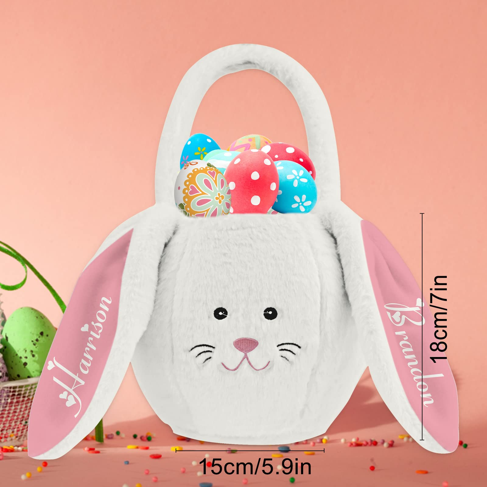 Personalized Easter Buckets with Name Custom Plush Buny Easter Basket with Handle Long Ears, Customized Egg Hunting Bags Easter Gift for Boys Girls, Easter Tote Bag for Candy(Brown)