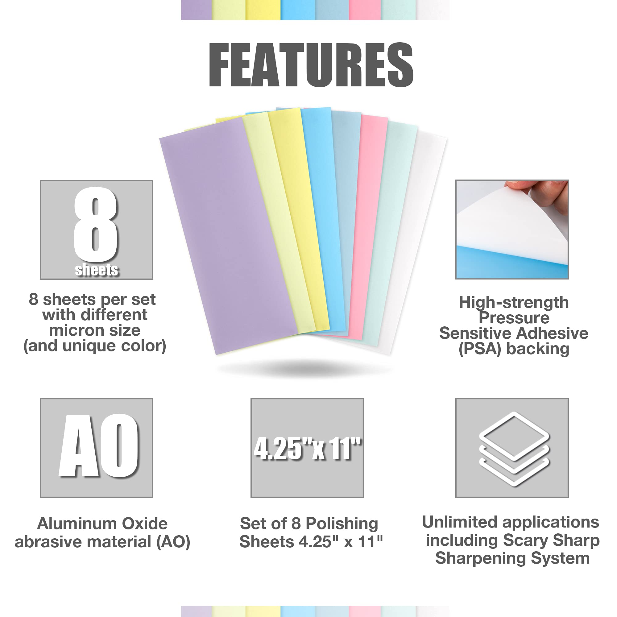 Lapping Microfinishing Film With PSA - Set of 8 Polishing Sheets 4.25ββ x 11ββ for Scary Sharp Sharpening System - AO Aluminum Oxide With Pressure Sensitive Adhesive