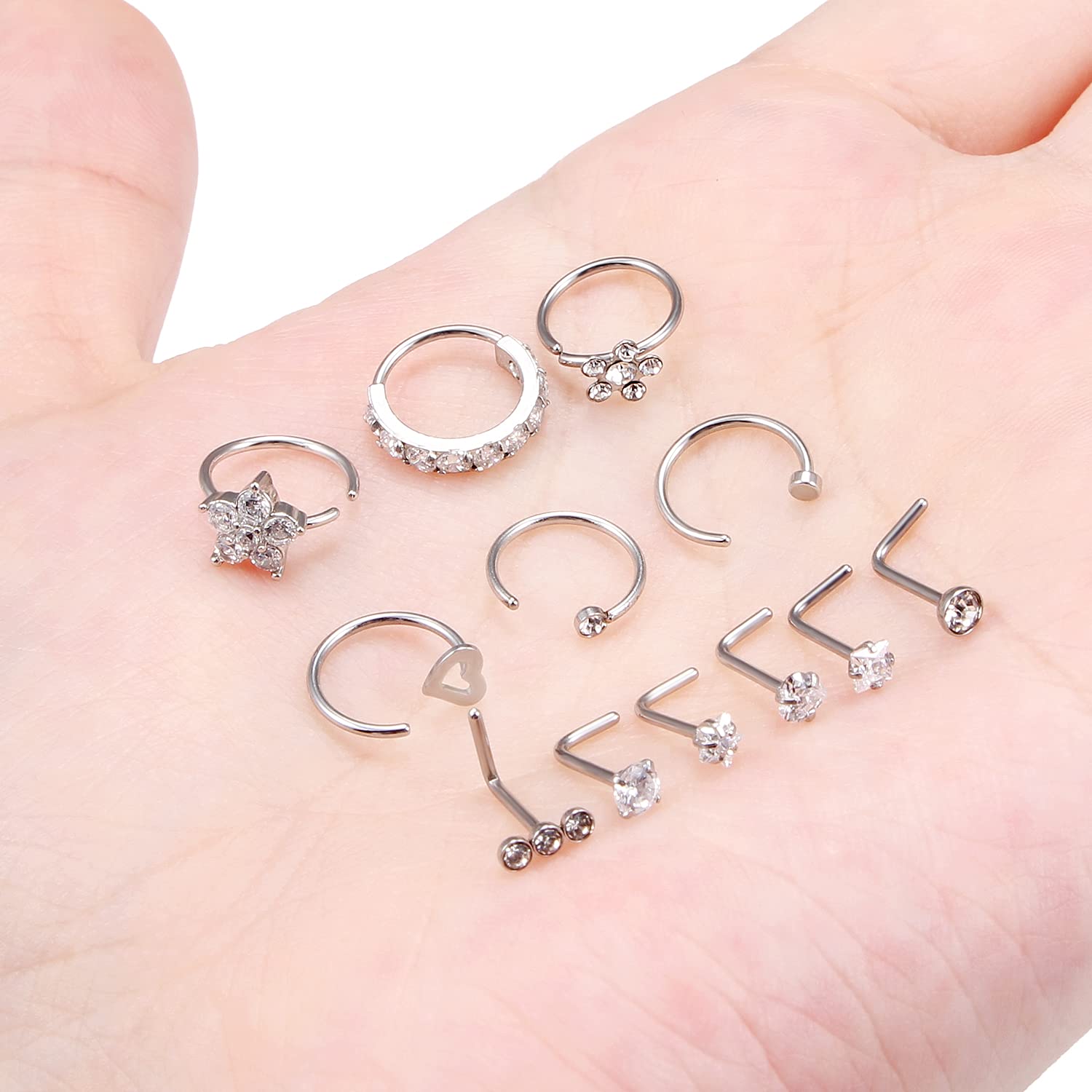 Ftovosyo 20G Surgical Steel Nose Rings Hoop for Women Men, Paved CZ Flower Piercing Jewelry L Shaped Nose Ring Stud Set