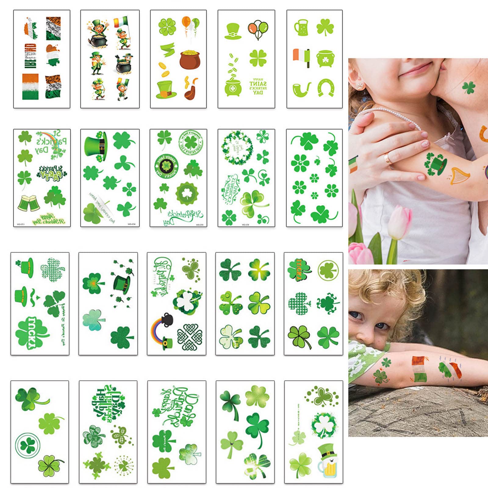 kids waterproof St. Patrick's Day Temporary Tattoos, Green Shamrock Clover Hat Irish Temporary Tattoo Parade Party Favors Decorations, 20 Sheet
