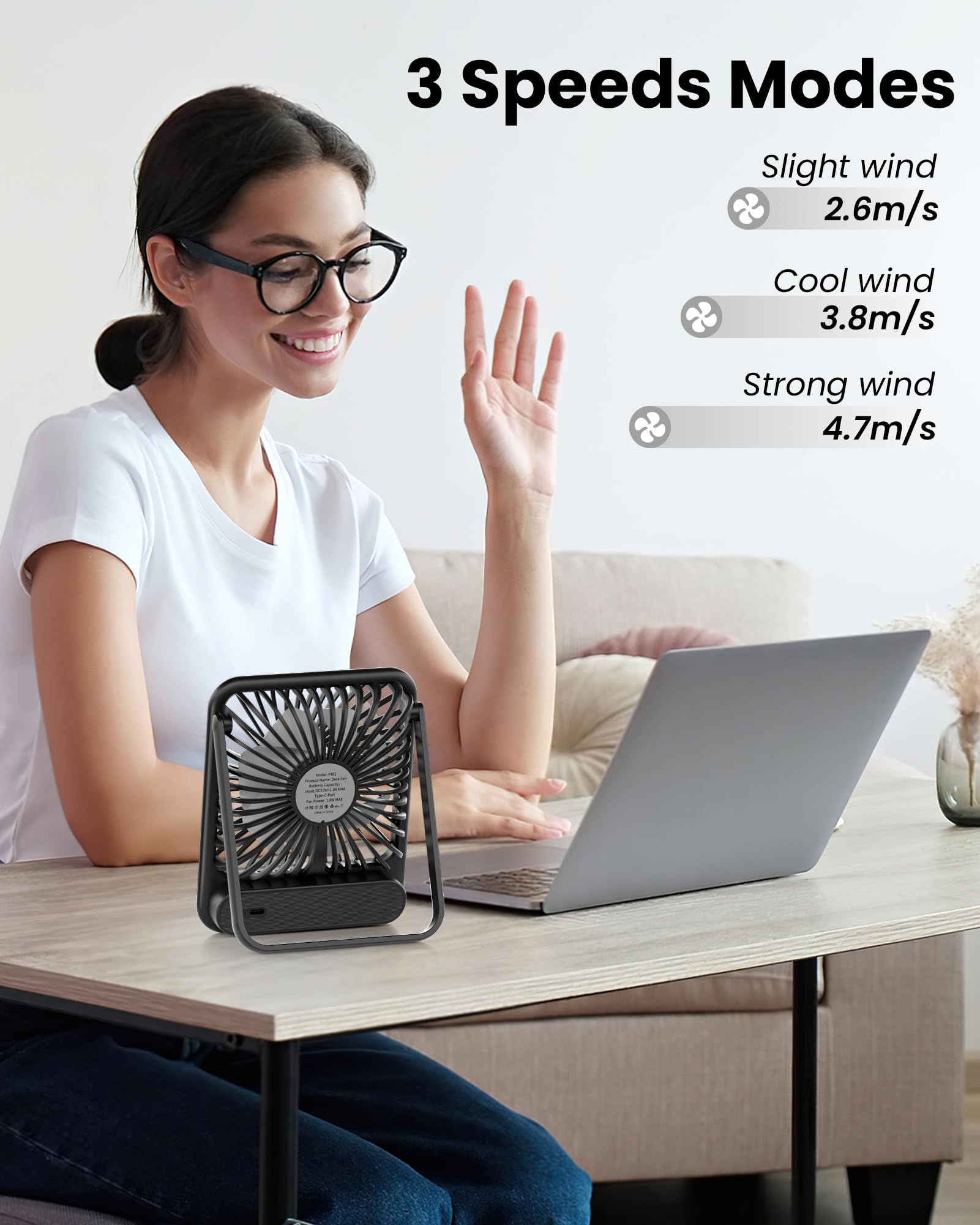 Koonie Desk Fan, Ultra Quiet 2.5-11h Battery Operated Small USB Fan with Strong Wind, 180° Tilt Folding and 3 Speeds Adjustable, Battery Powered Mini Personal Fan for Office Bedroom Desktop