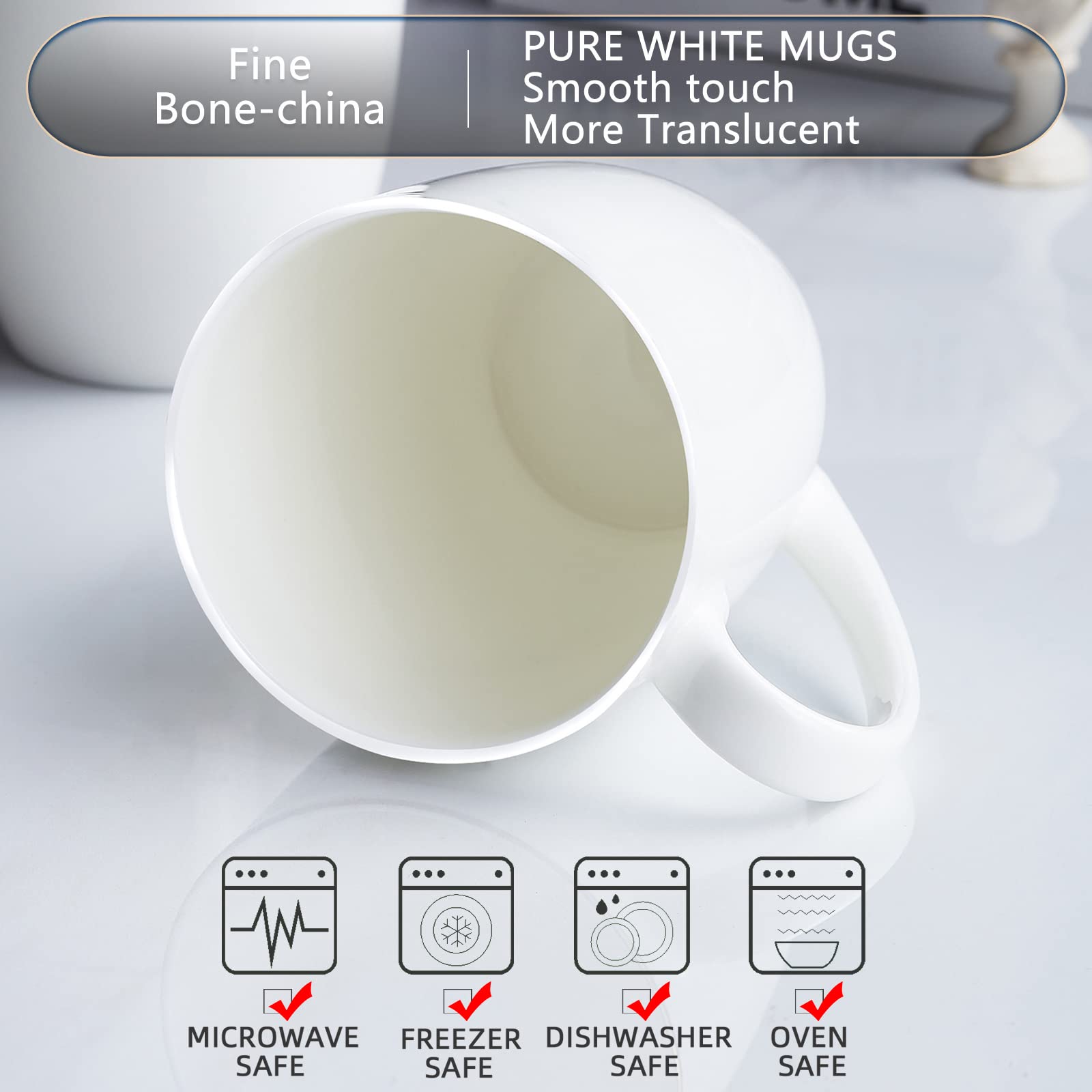 Gang Rinpoche 12 oz Fine Bone China Coffee Mugs, Over 45% Bone Content of Mugs, Durable Porcelain Coffee Mugs Sets, White Ceramic Tea Milk Cups Set of 4, Lightweight Christmas Bright Mugs