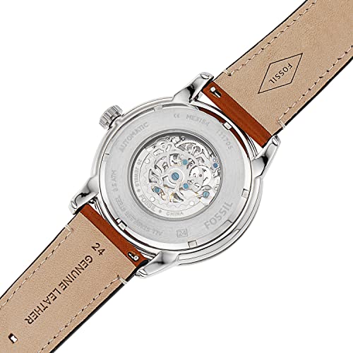 Fossil Men's Townsman Automatic Stainless Steel and Leather Three-Hand Skeleton Watch, Color: Silver, Luggage (Model: ME3154)
