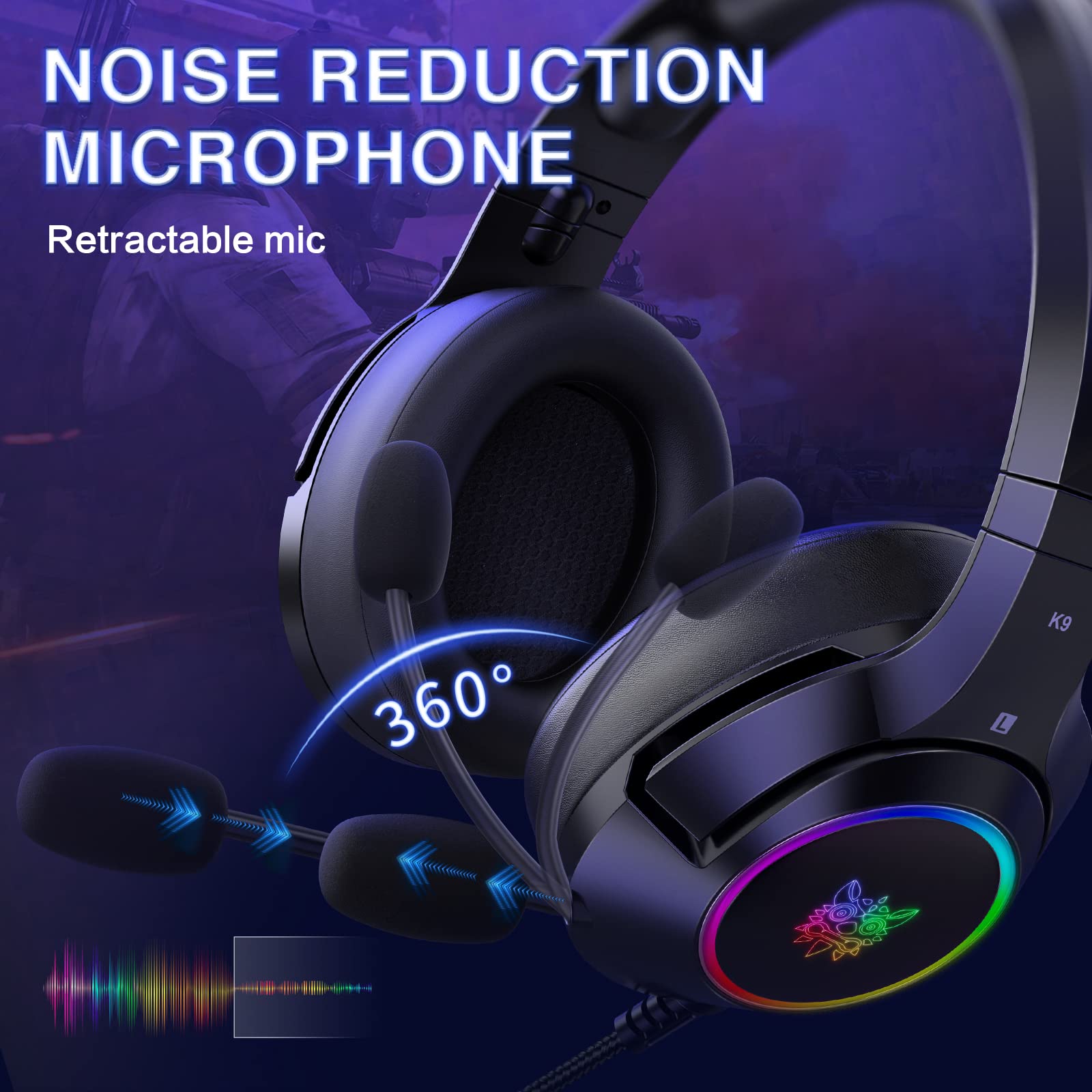 Gaming Headset with Microphone, Gaming Headphones RGB PS4 PS5 Headset with 360 Adjustable Noise Cancelling Mic, 3.5mm Audio Jack Over Ear Headphones Wired for PC Switch PlayStation Xbox Laptop