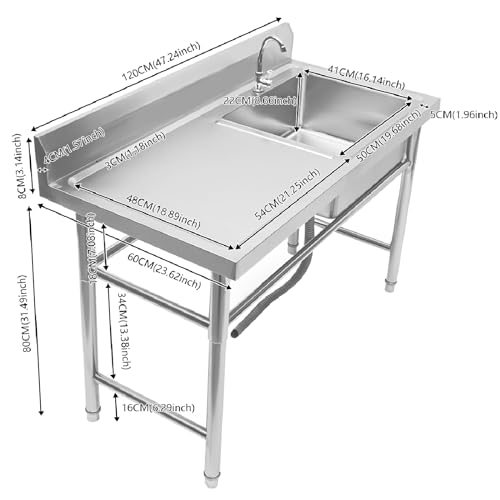 Free Standing Stainless-Steel Commercial Restaurant Kitchen Sink Set, Kitchen Prep & Utility Sink with Large Drain Bowl and Faucet, Free Standing 1 Compartment Utility Sink